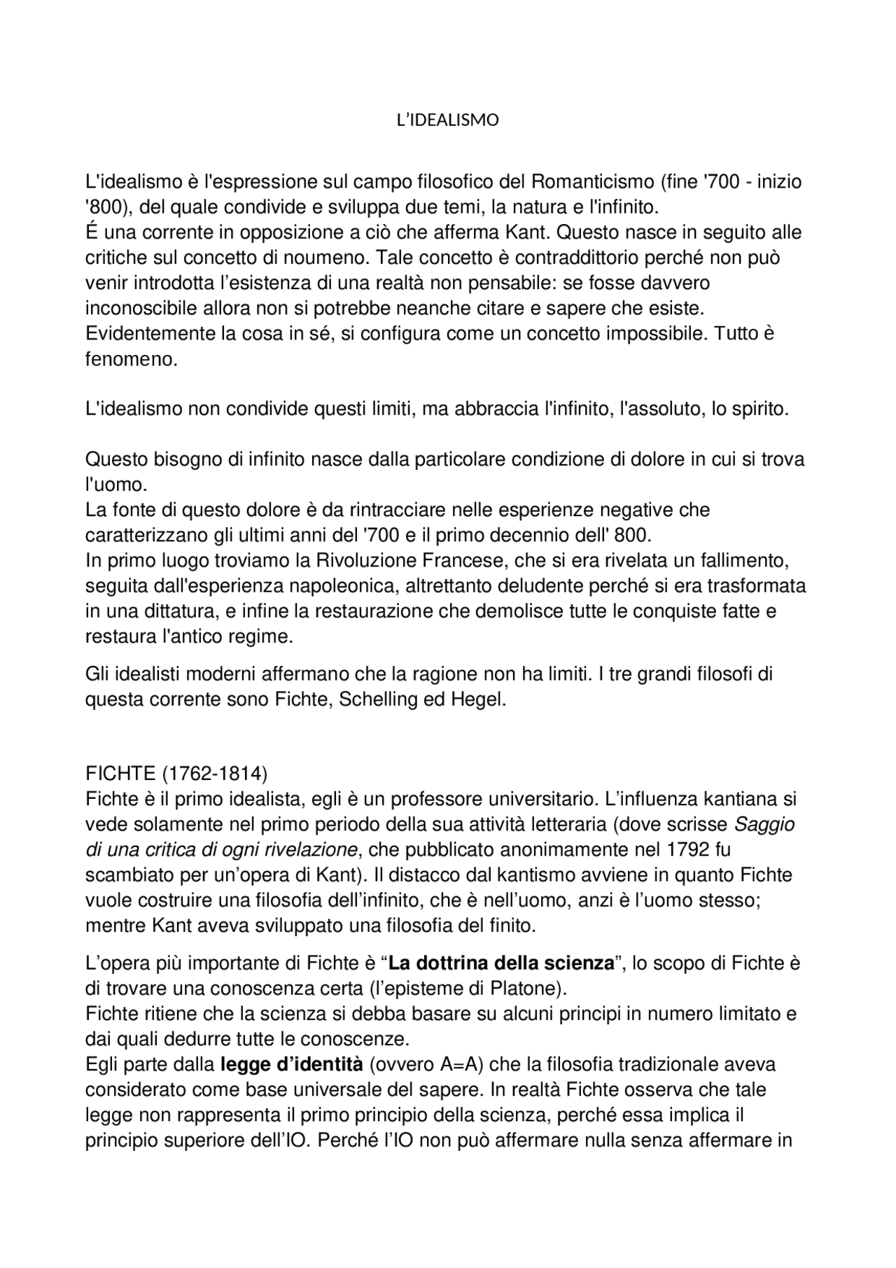 Appunti Su Idealismo Fichte E Schelling Docsity