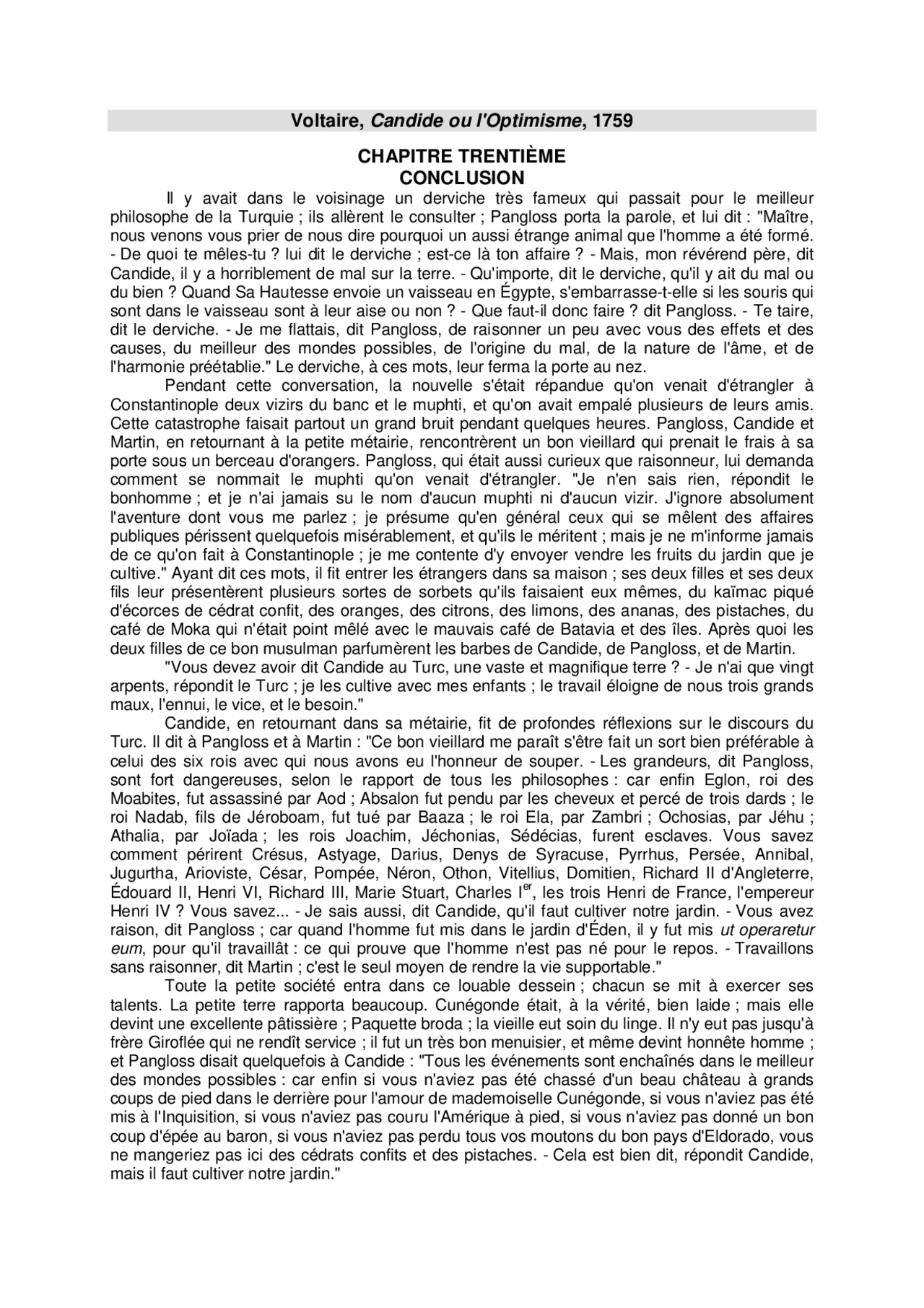 Voltaire, Candide ou l'Optimisme - CHAPITRE TRENTIÈME - Docsity