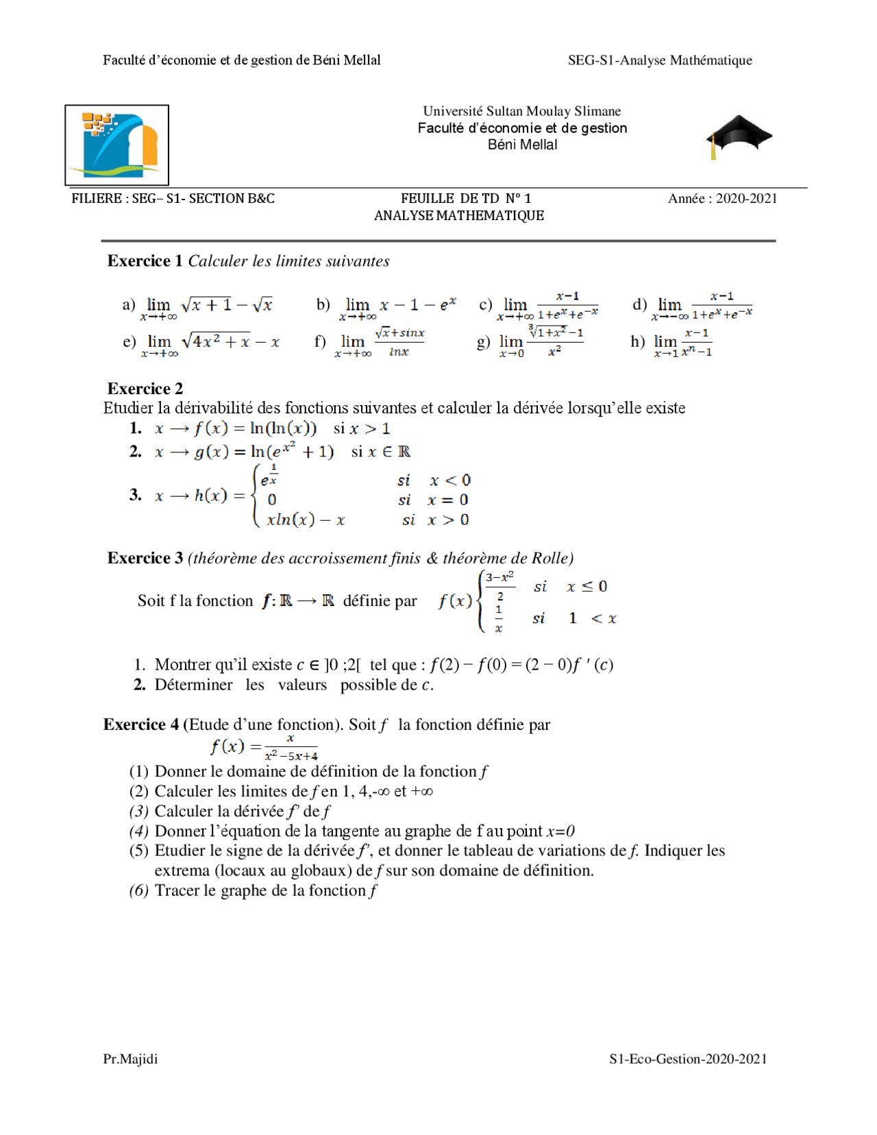 ANALYSE MATHEMATIQUE - Correction - Docsity