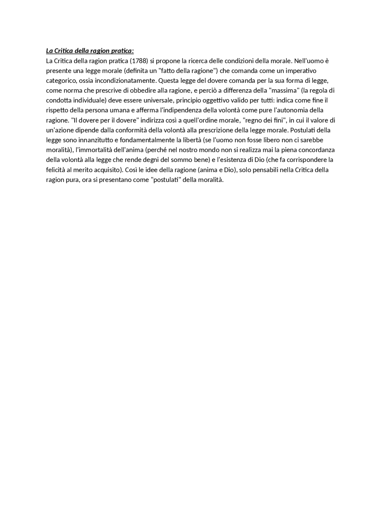 Critica Della Ragion Pratica Di Kant Docsity
