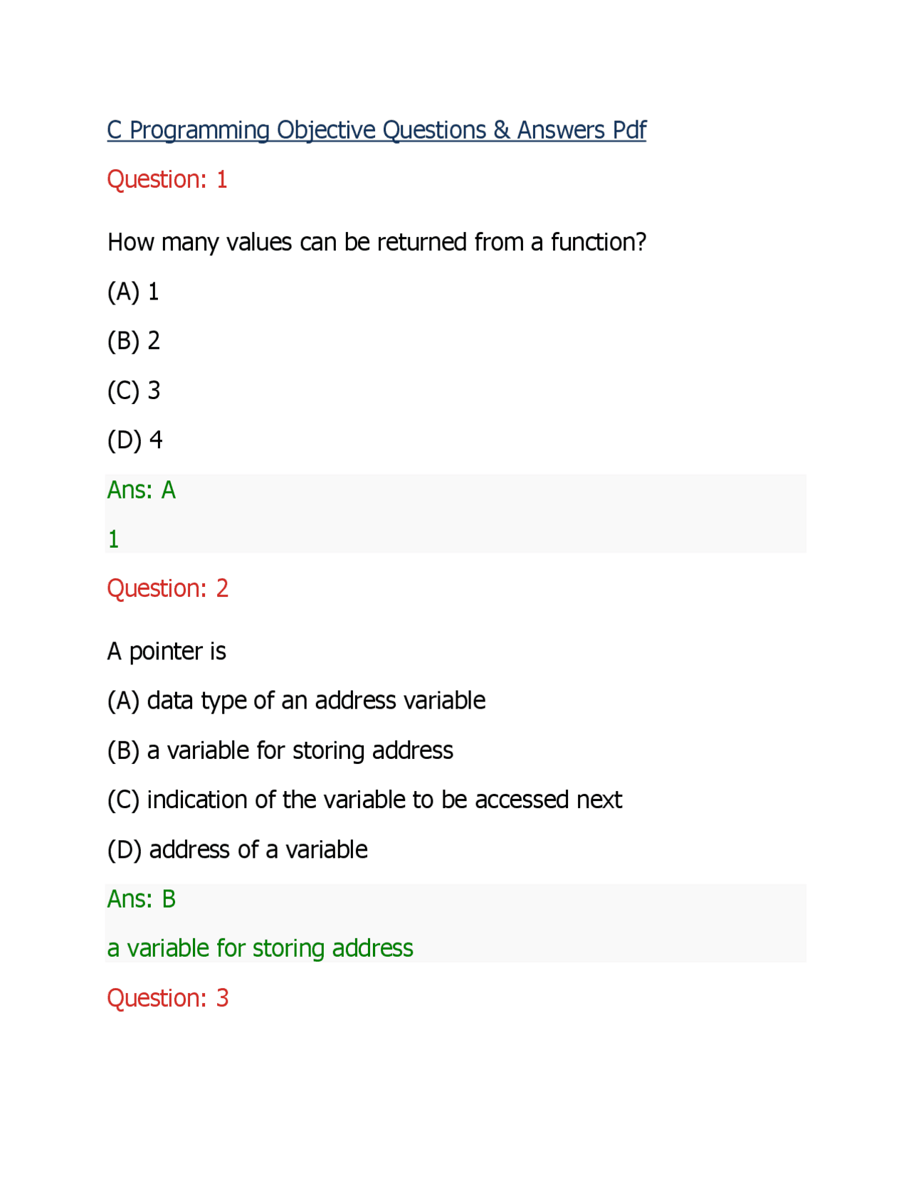 C Programming Objective Exercises C Programming Docsity
