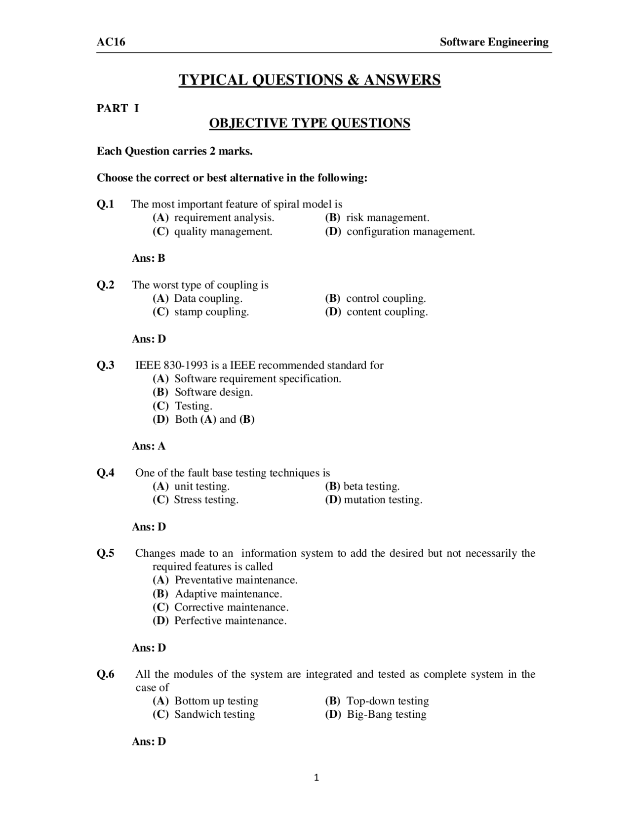 Typical Questions and Answers | Exercises Software Engineering - Docsity