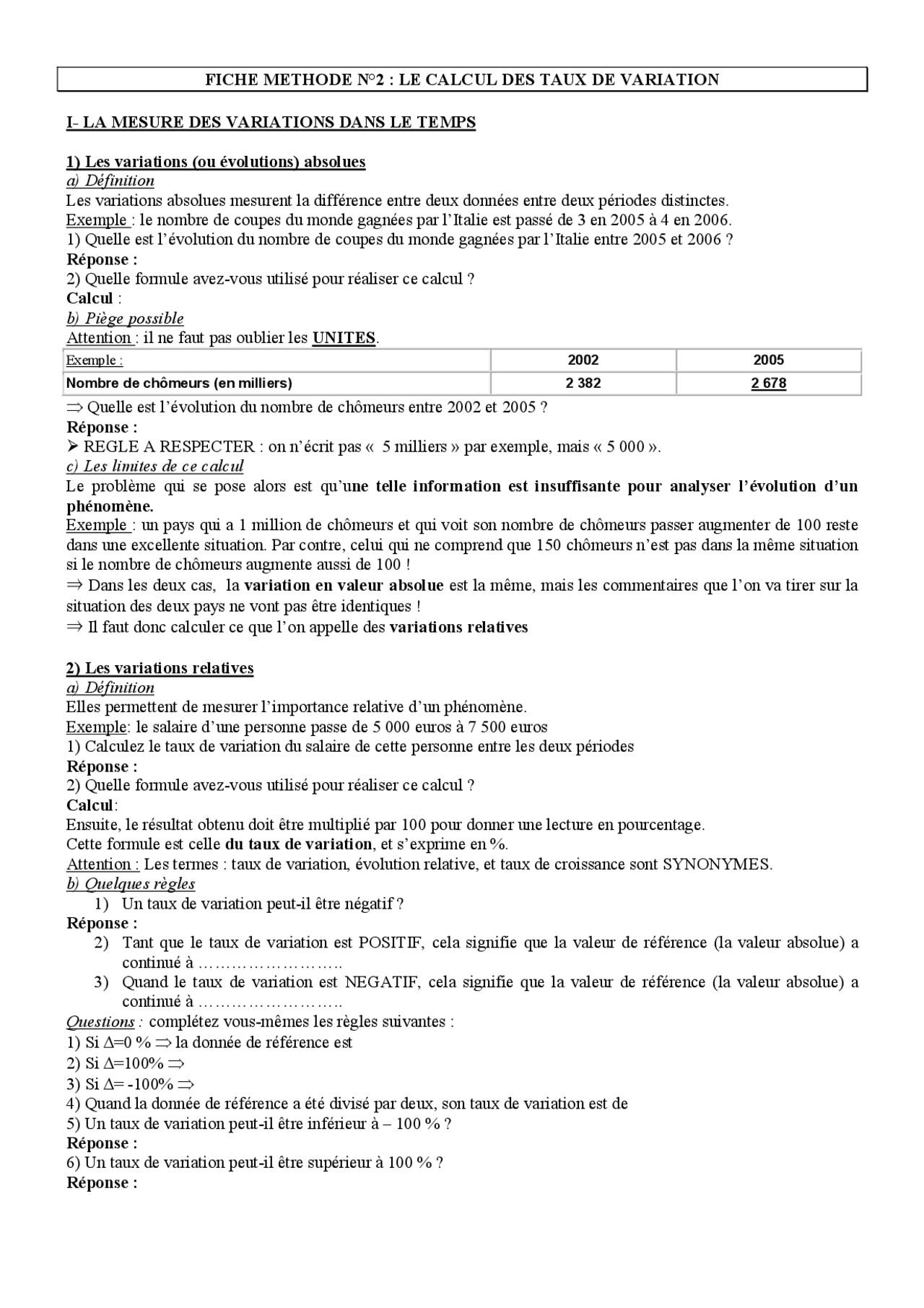 LE CALCUL DES TAUX DE VARIATION - Docsity