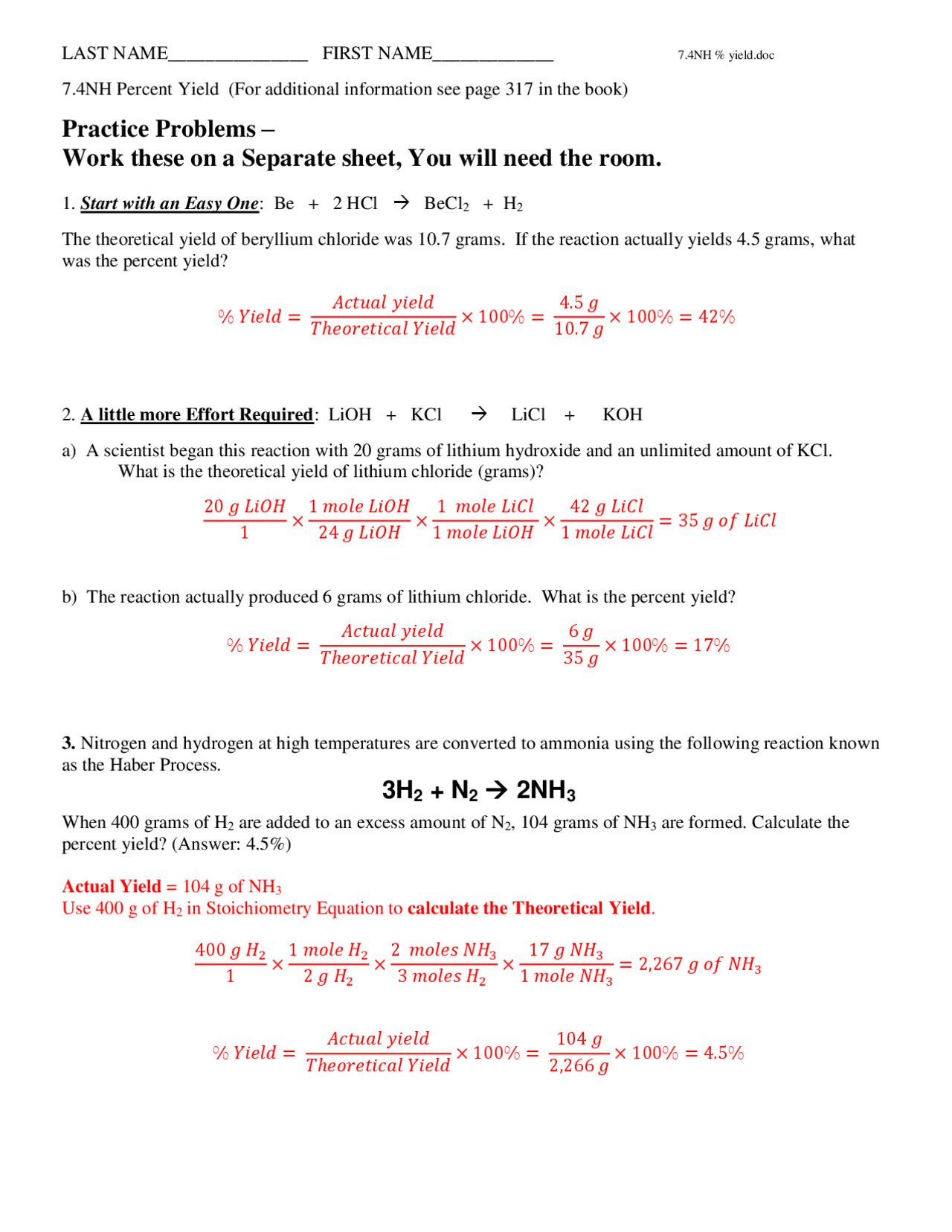 Percent Yield Stoichiometric Exercises - Docsity