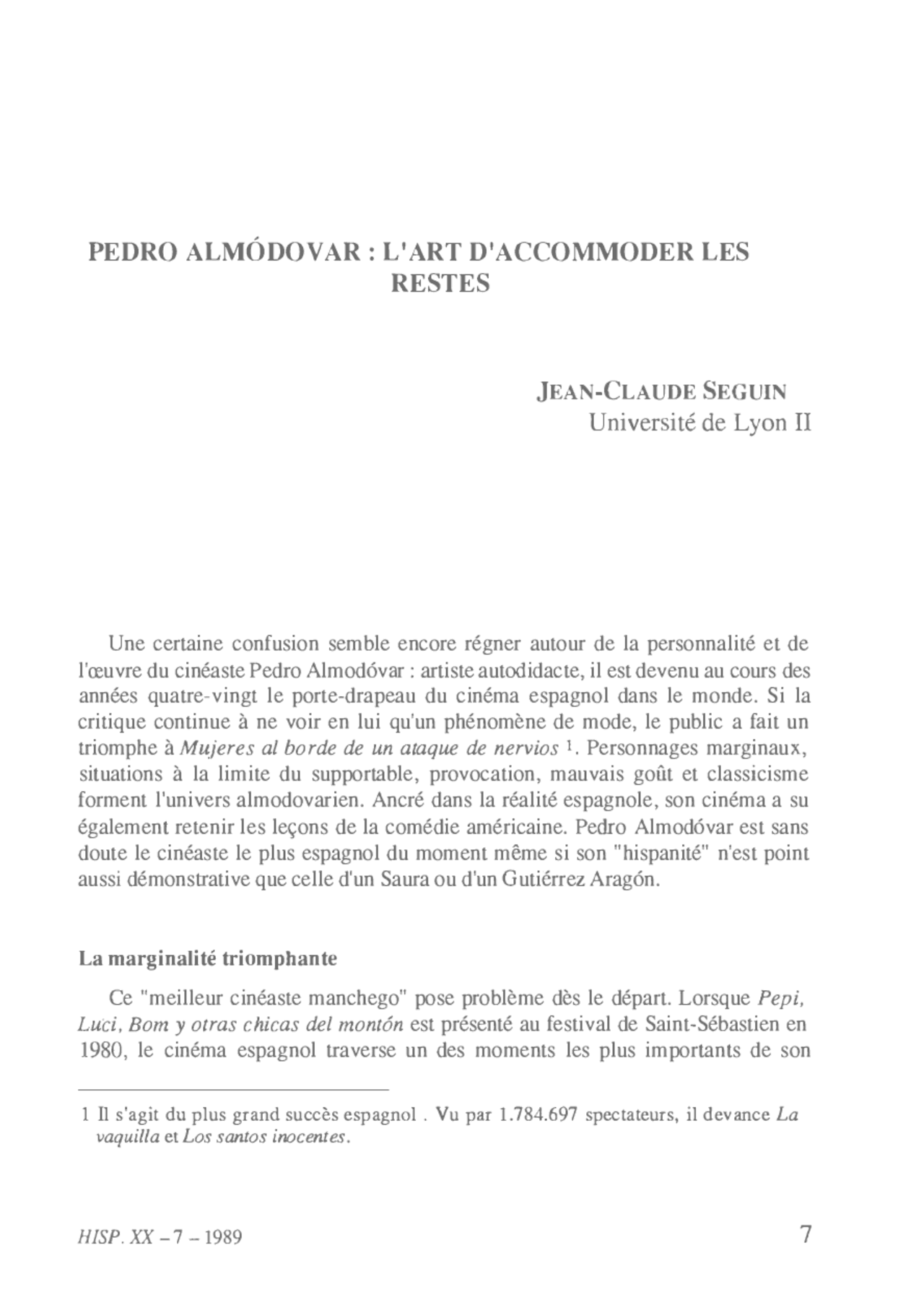 Pedro Almodovar: l'art d'accommoder les restes - Docsity