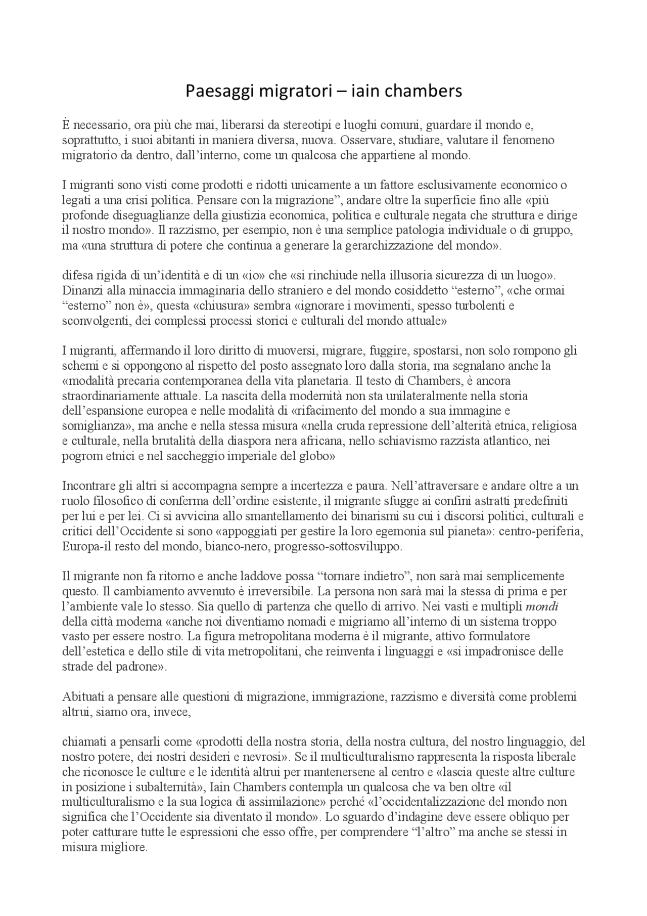Paesaggi Migratori - Iain Chambers | Appunti di Antropologia | Docsity