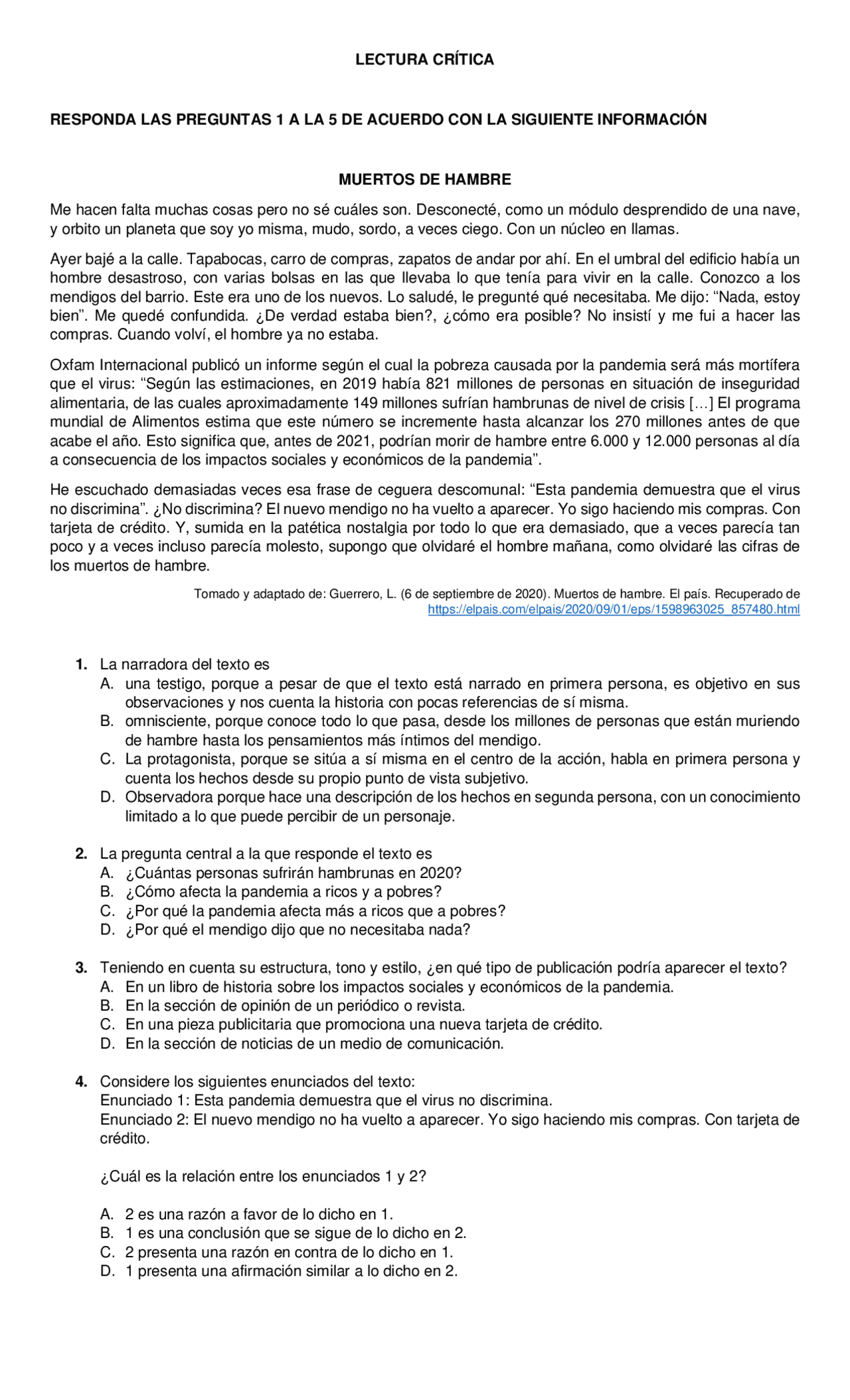 LECTURA CRÍTICA SIMULACRO | Guías, Proyectos, Investigaciones de Lengua y Literatura - Docsity