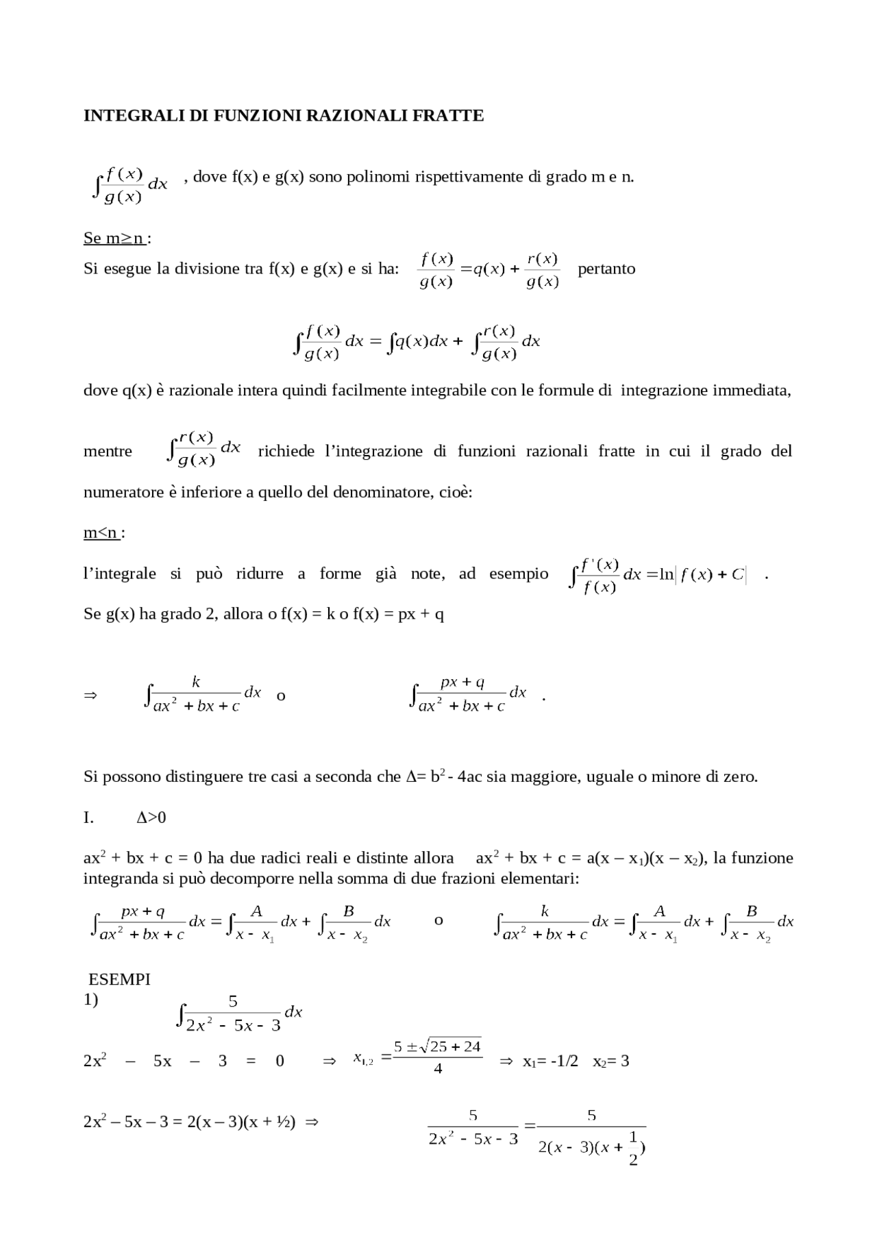 Integrali funzioni razionali fratte - Docsity