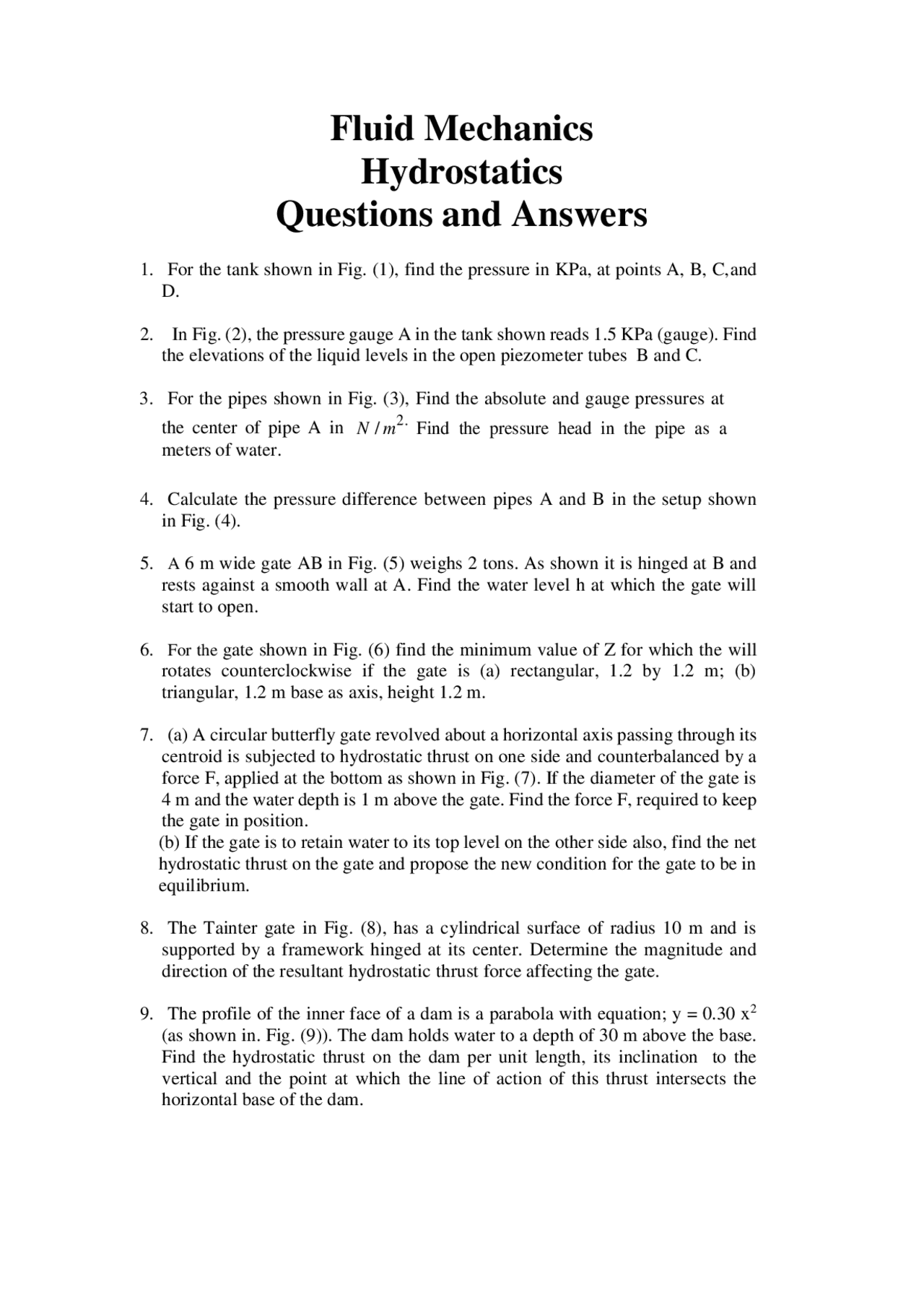 Fluid Mechanics Hydrostatics Questions and Answers - Docsity