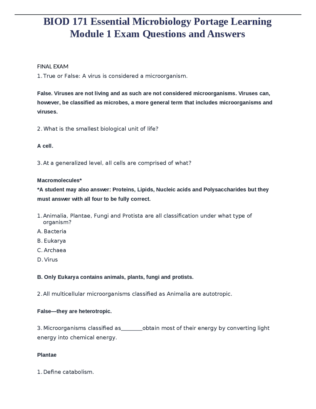 Portage Learning BIOD 171 FiNAL EXAM. | Exams Biology | Docsity