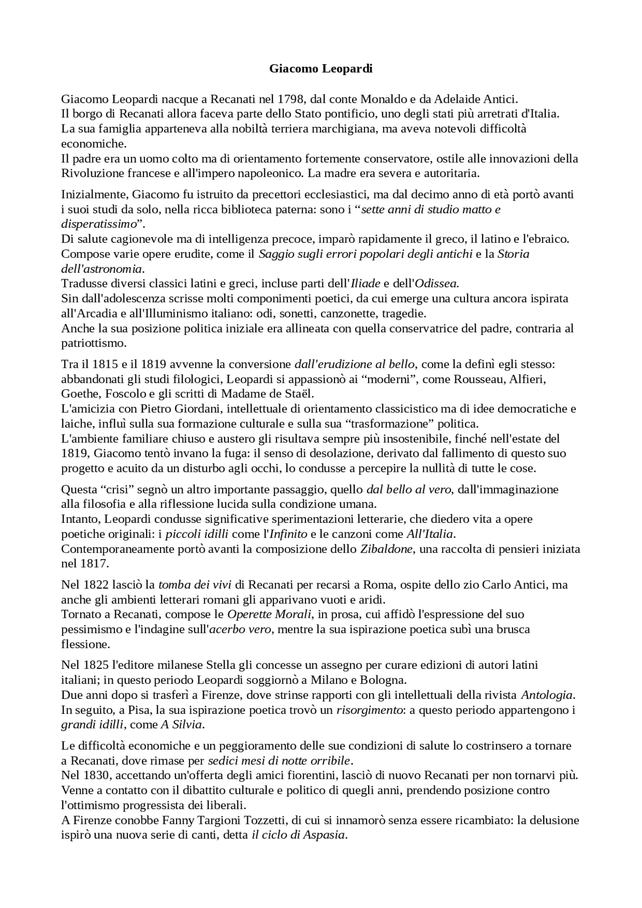 Riassunto G Leopardi Docsity