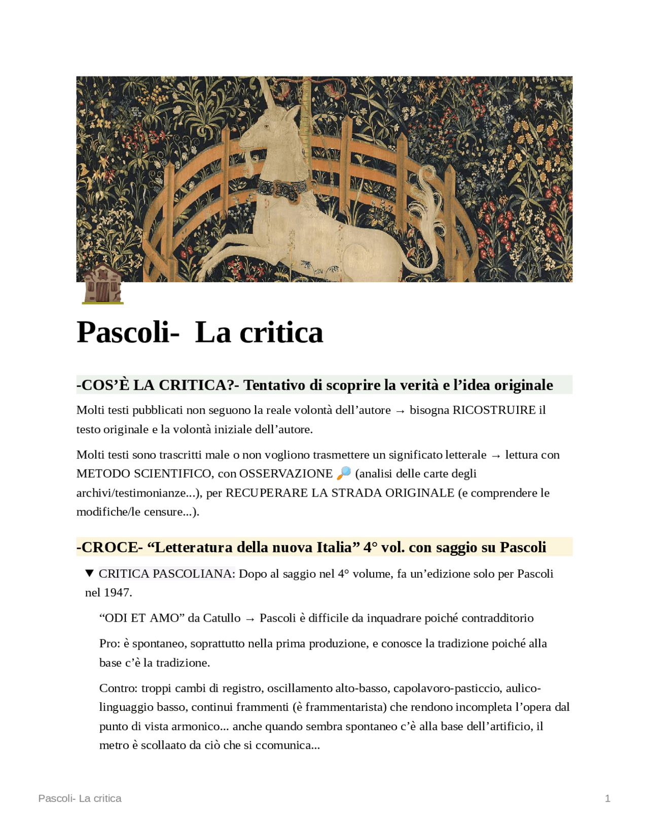 Critica Pascoliana (Croce, Serra, Debenedetti, Contini e Garboli) - Docsity