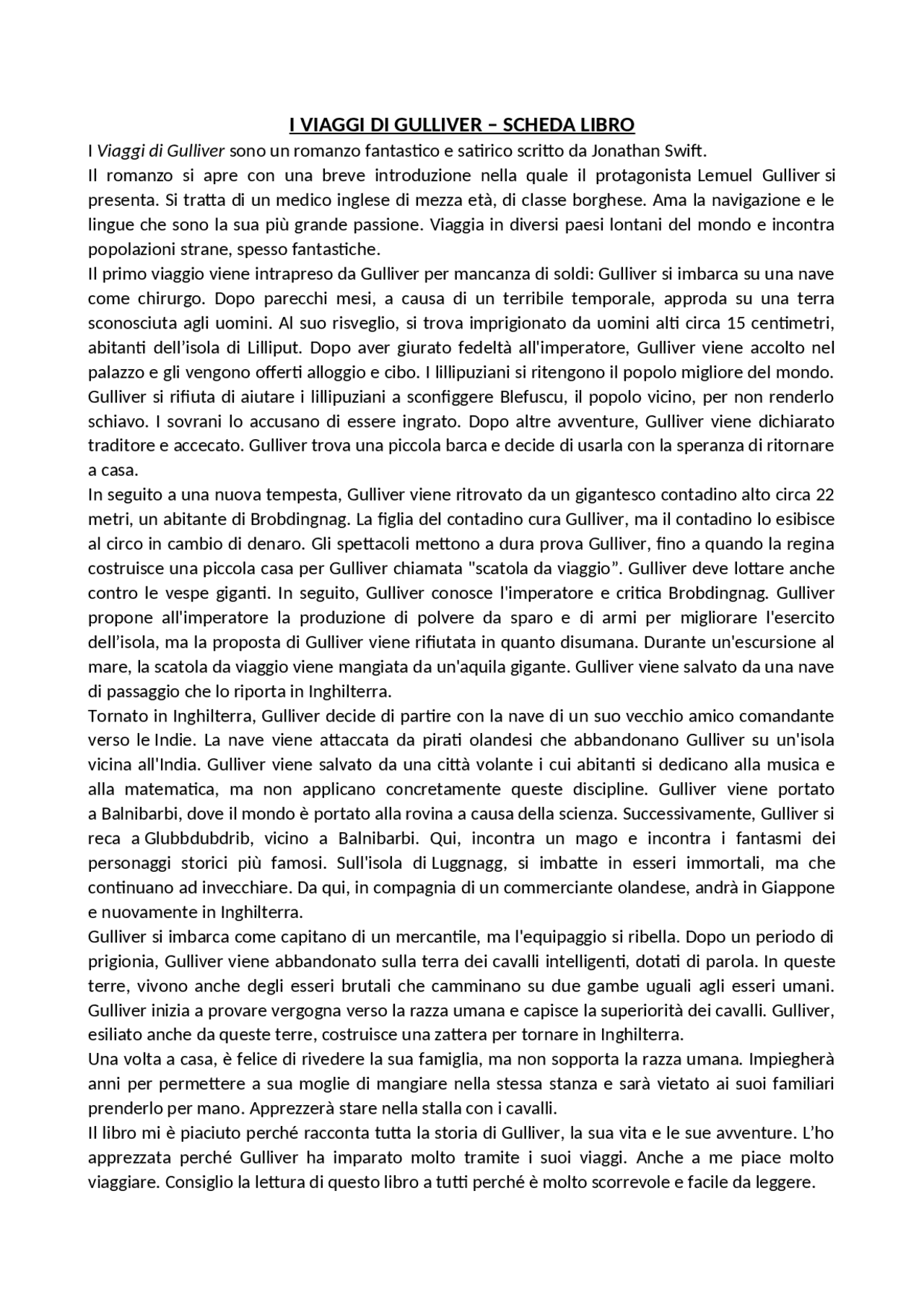 Viaggi Di Gulliver Di Jonathan Swift Docsity