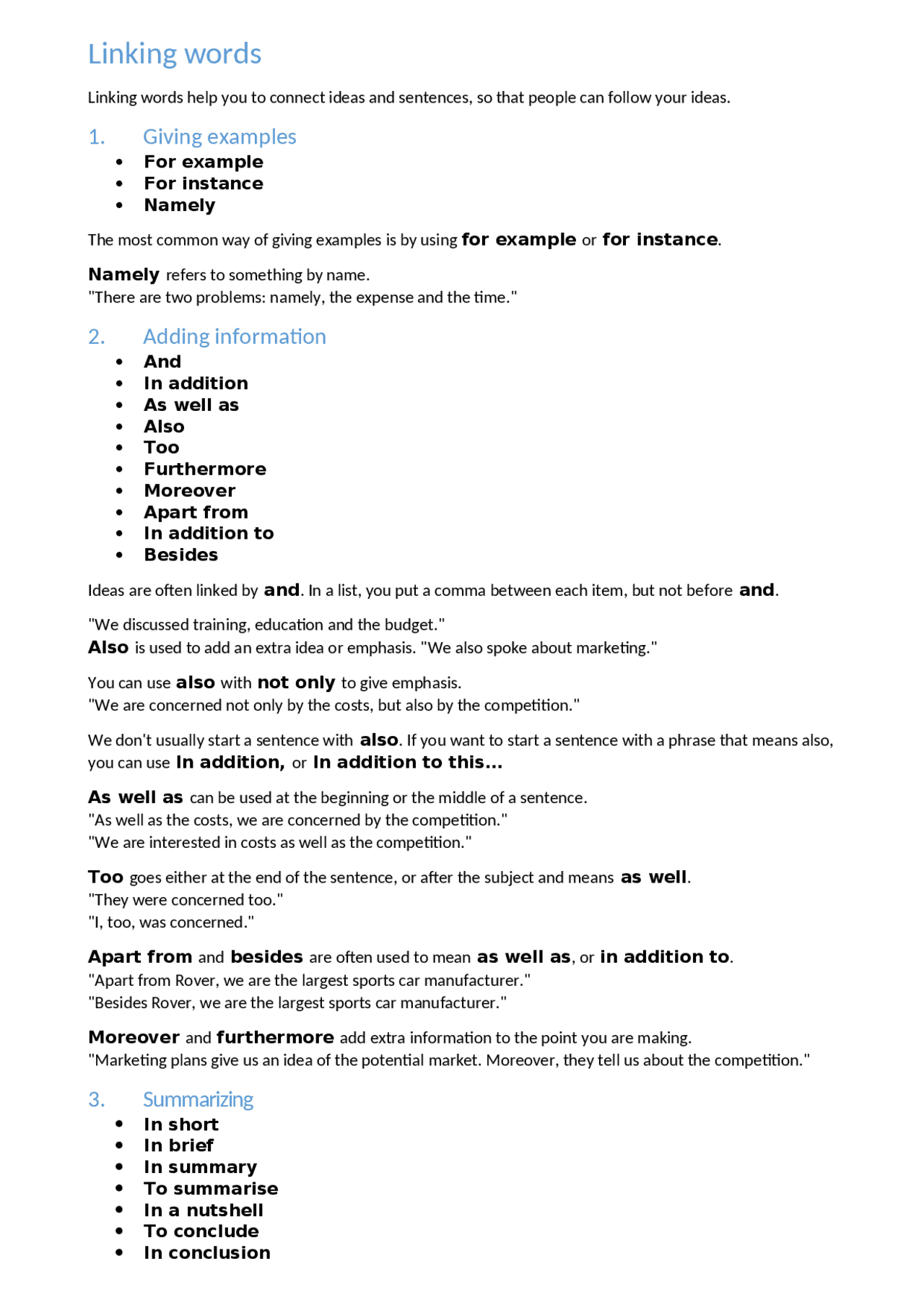 English linking words with examples - Docsity