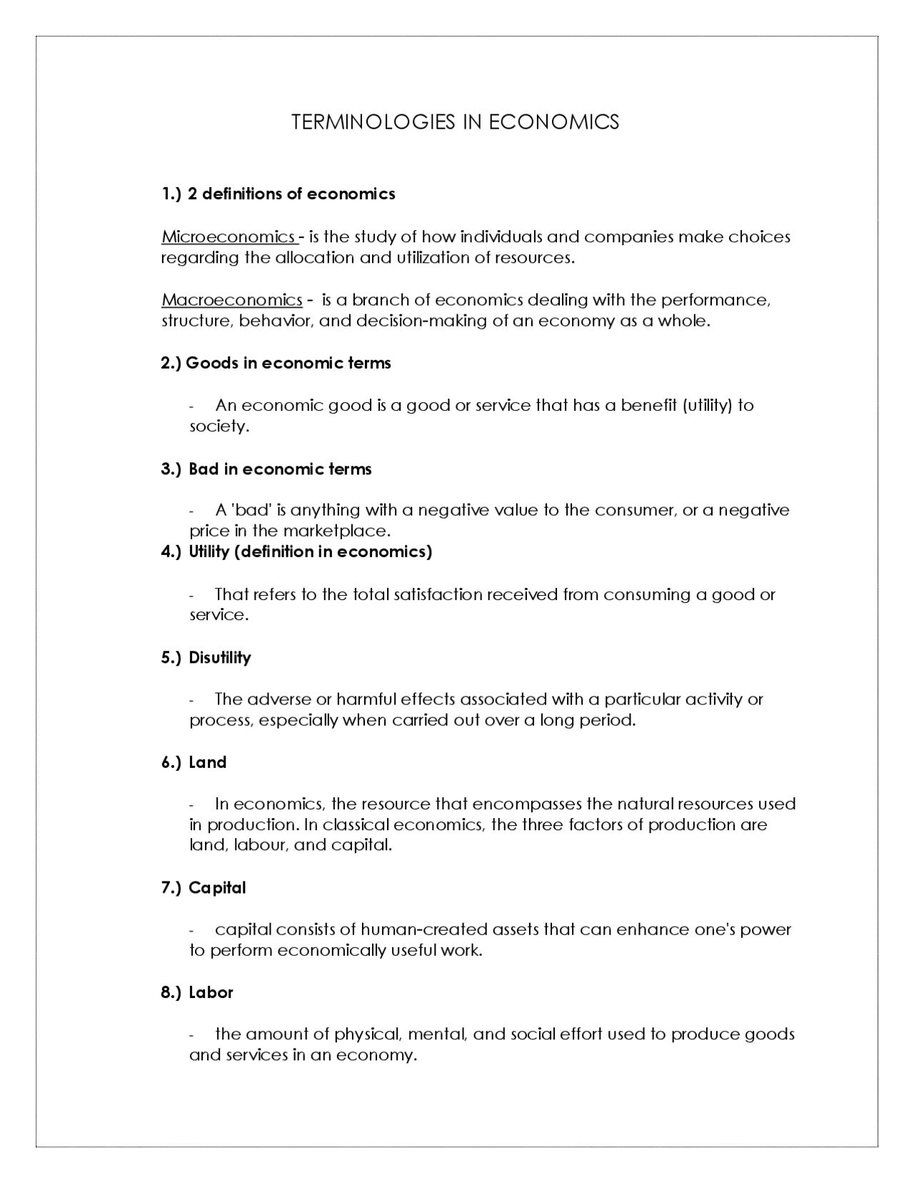 TERMINOLOGIES IN ECONOMICS - Docsity