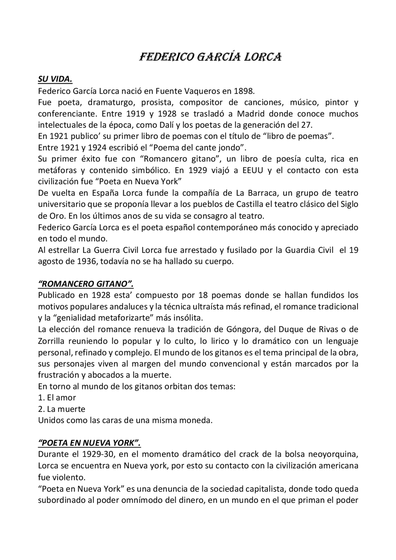 Appunti Su Federico García Lorca Docsity