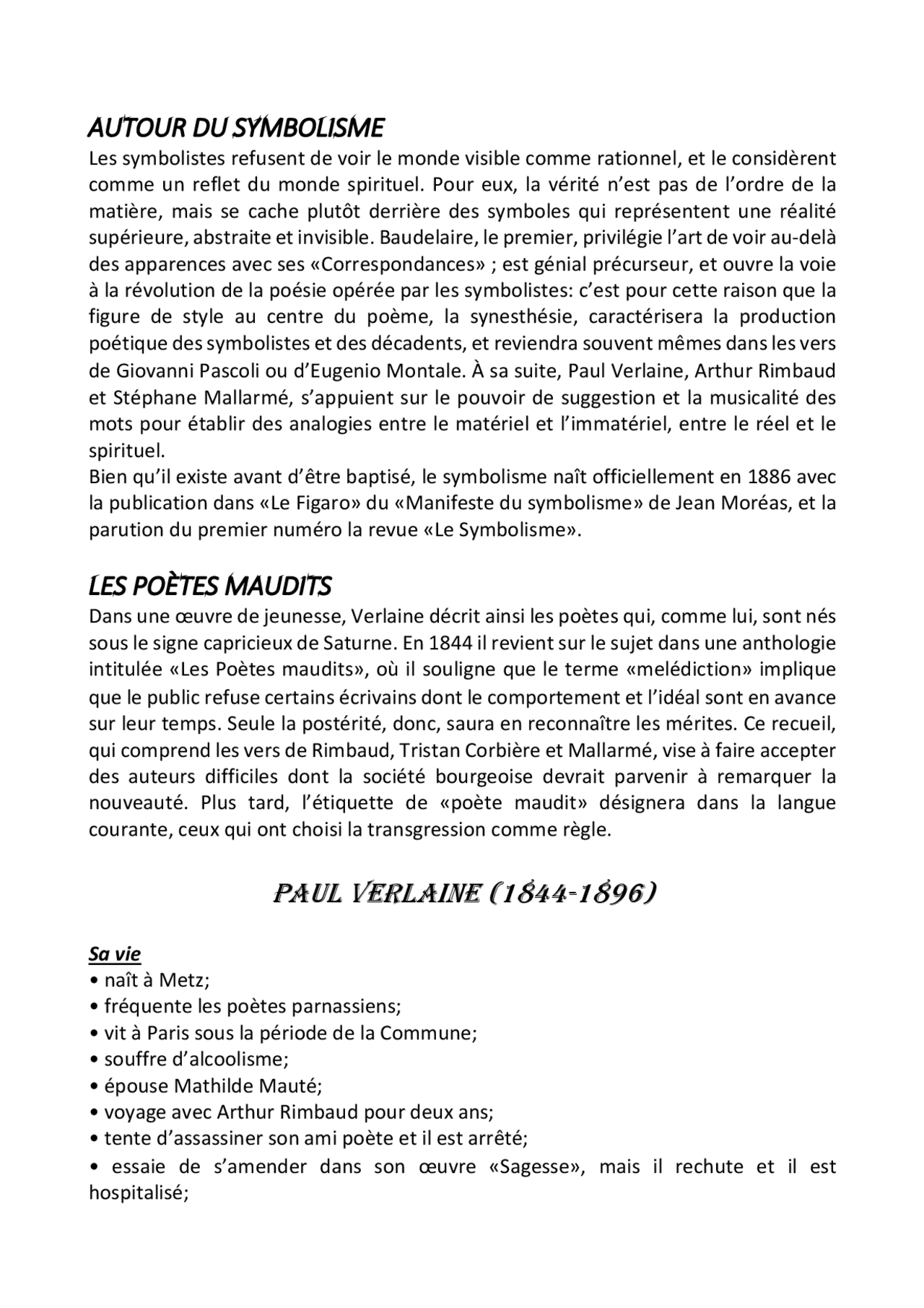 Appunti Su Rimbaud Verlaine E I Poeti Maledetti Docsity