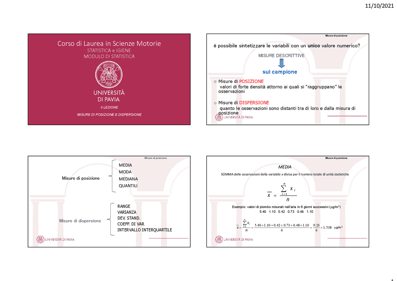 Appunti Statistica Montomoli Cristina Scienze Motorie Unipv