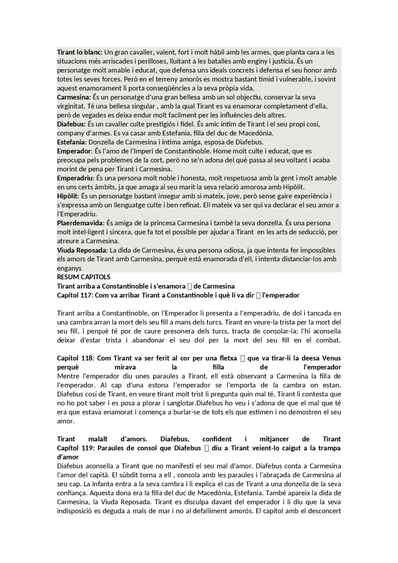 Resum Tirant Lo Blanc Resúmenes De Catalán Docsity