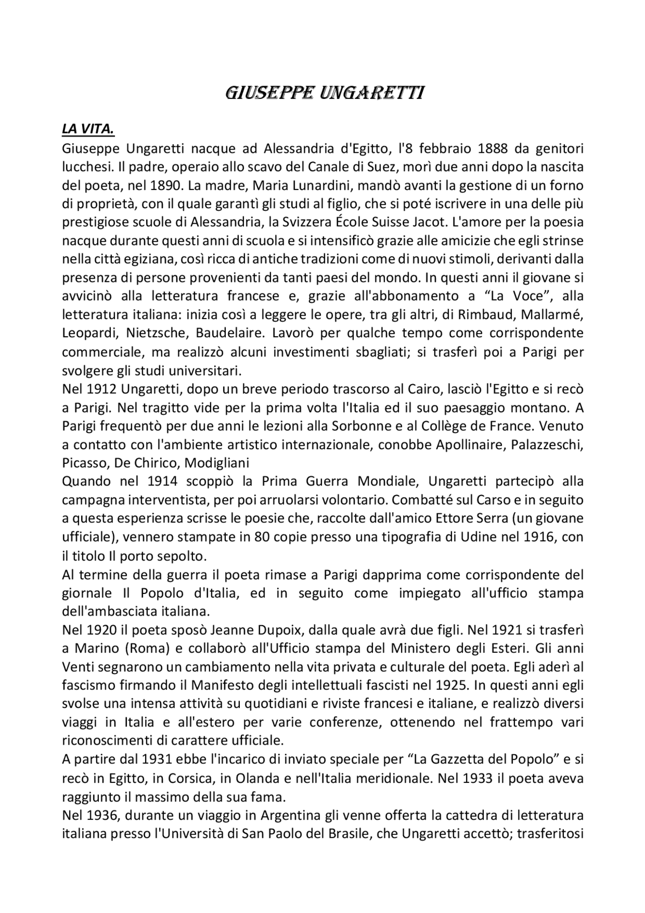 Appunti Su Giuseppe Ungaretti Docsity