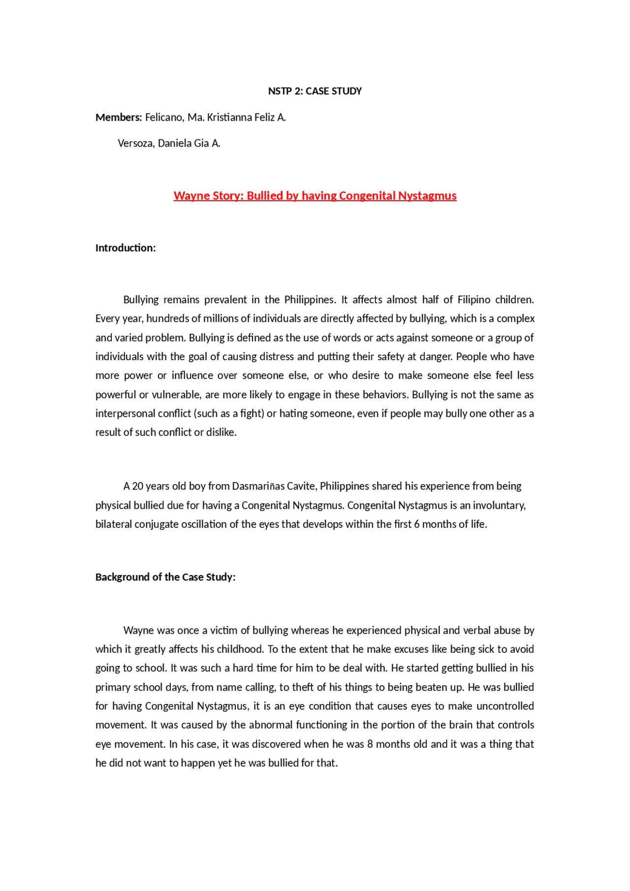 Case Study about Bullying - Docsity