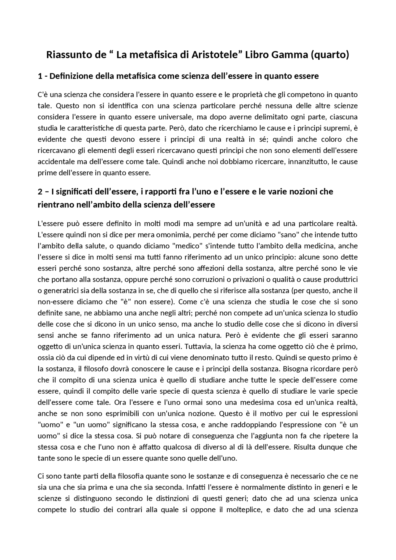 Riassunto De La Metafisica Di Aristotele” Libro Gamma Quarto Docsity