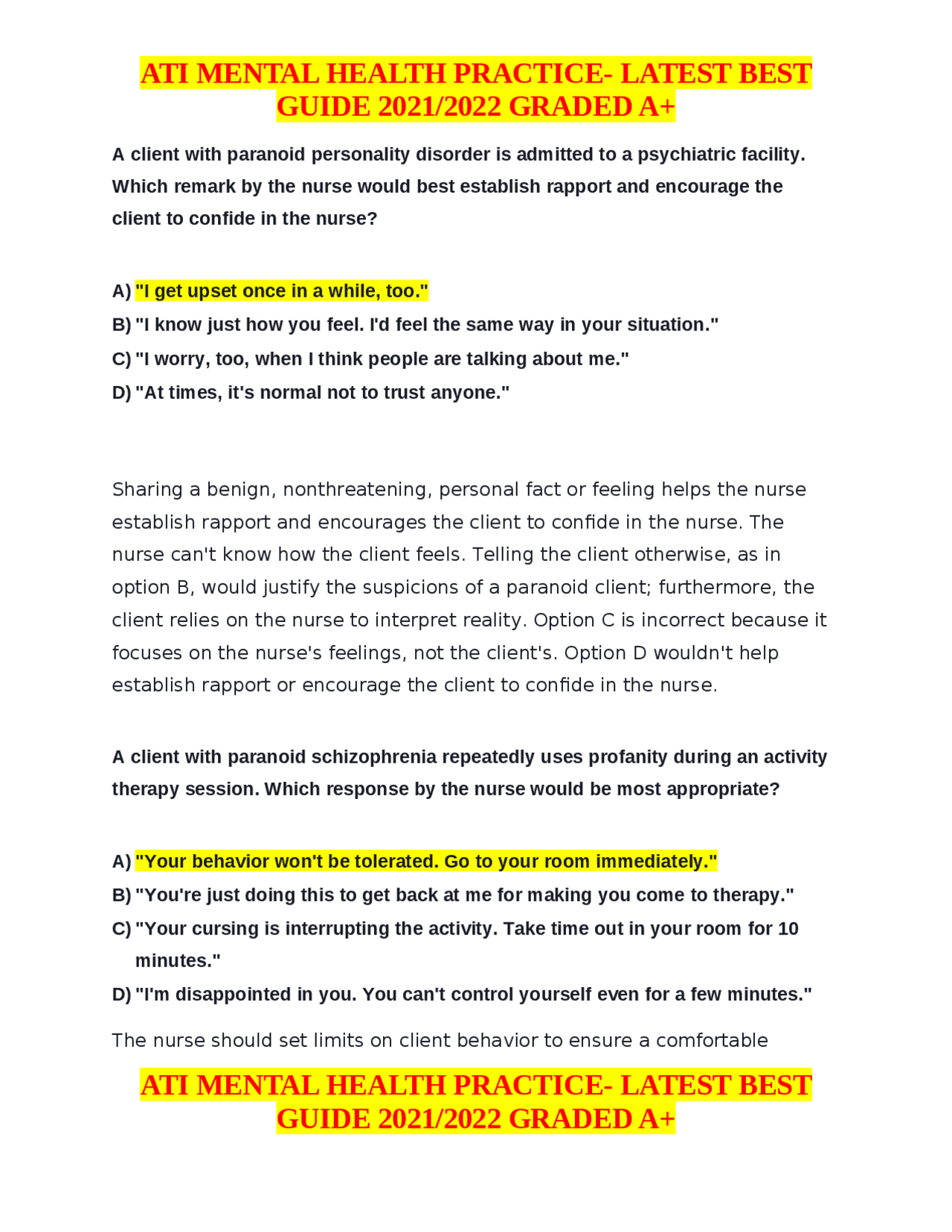 Mental Health Nursing Practice: Multiple Choice Questions and Answers ...