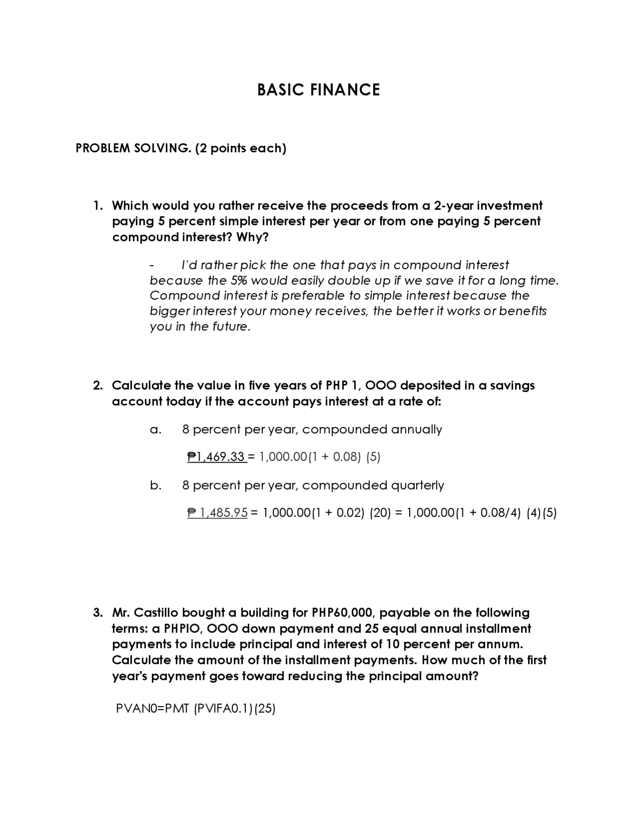 Basic Finance Problem Solving Answers Docsity