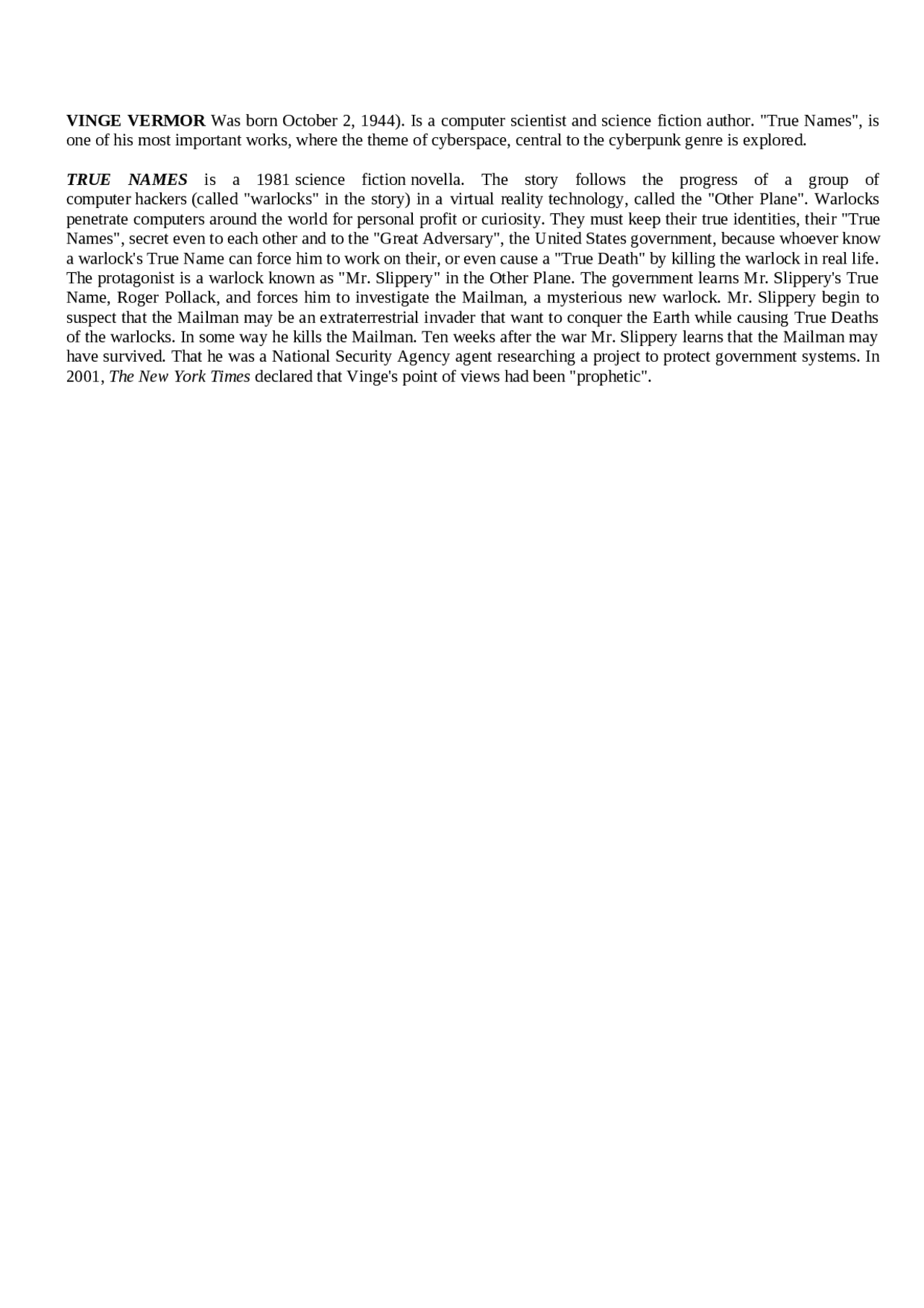 Vinge Vermon, true names - Docsity