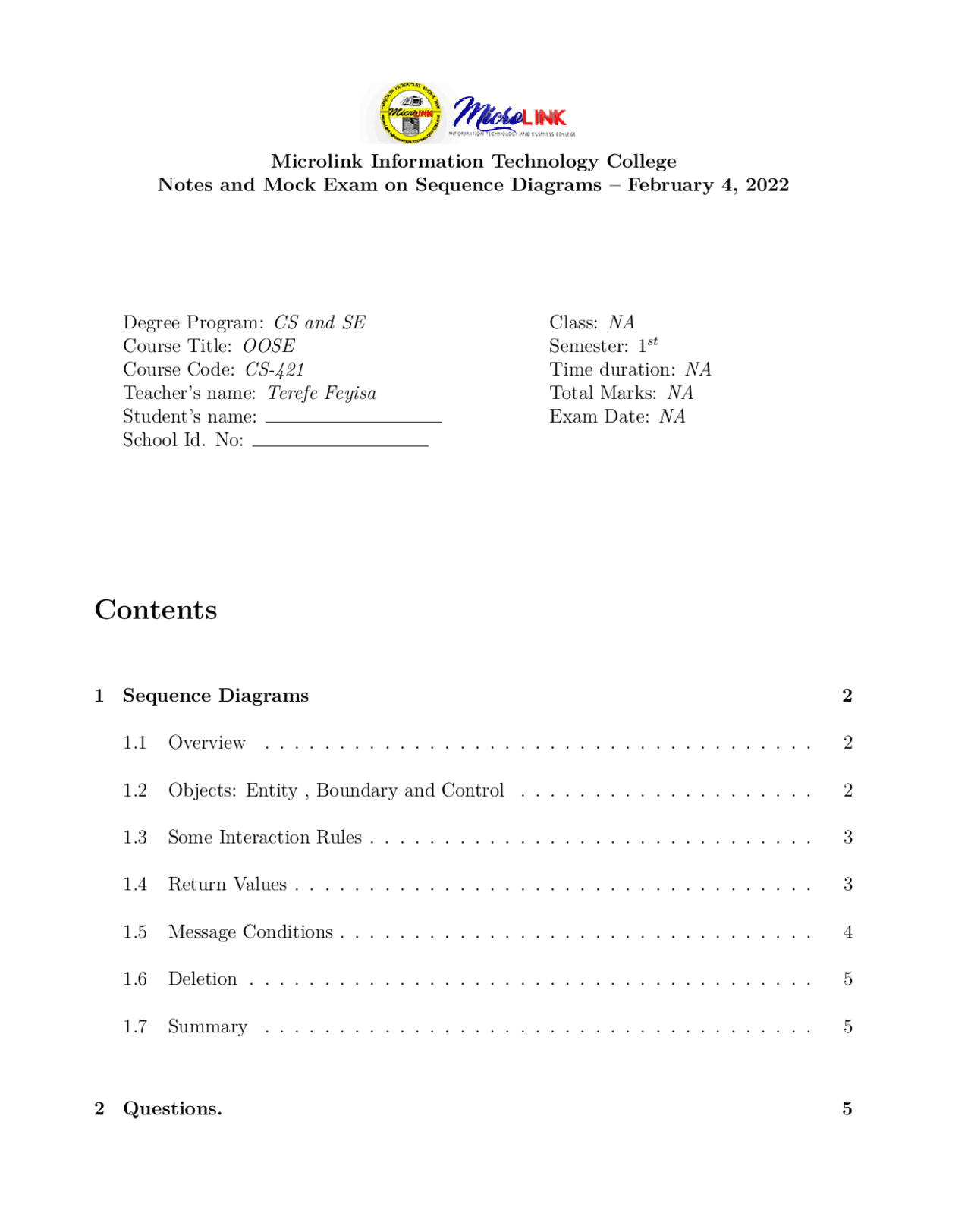 Notes And Mock Exam On Sequence Diagrams Docsity
