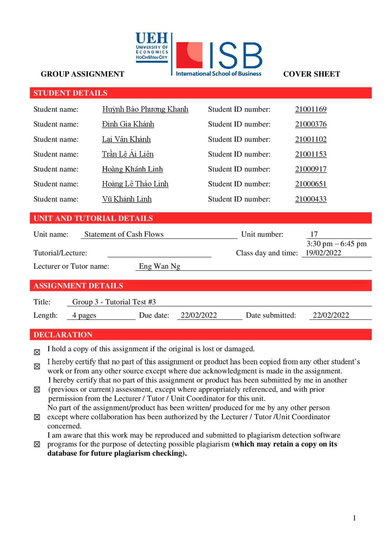 Tutorial Test for groups, UEH-ISB, principles of accounting - Docsity