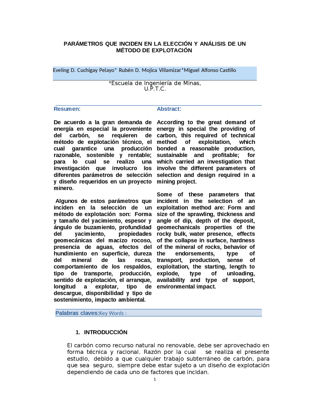 Parametros Y Analisis Del Metodo De Explotacion En Mineria Subterranea