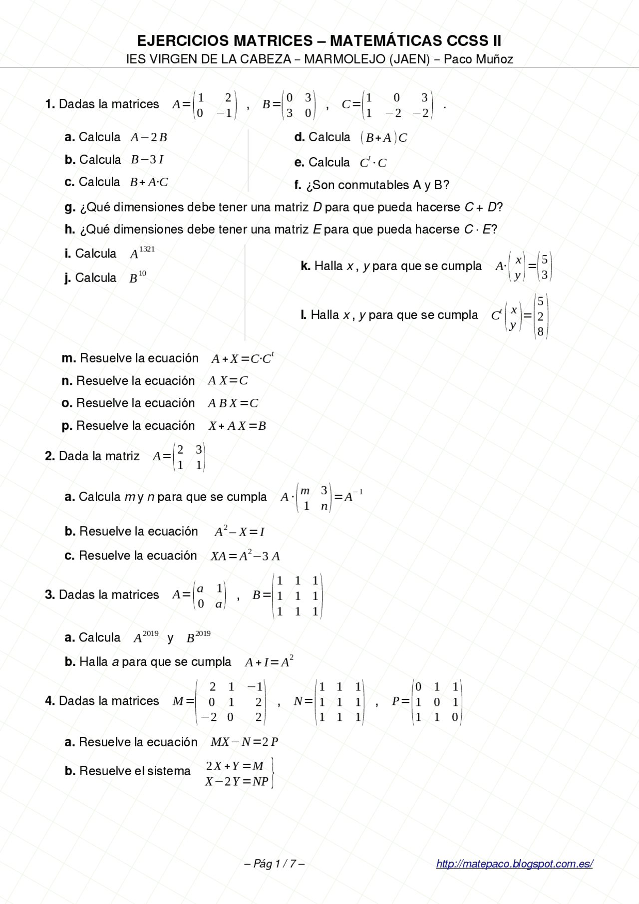 EJERCICIOS DE MATRICES - Docsity