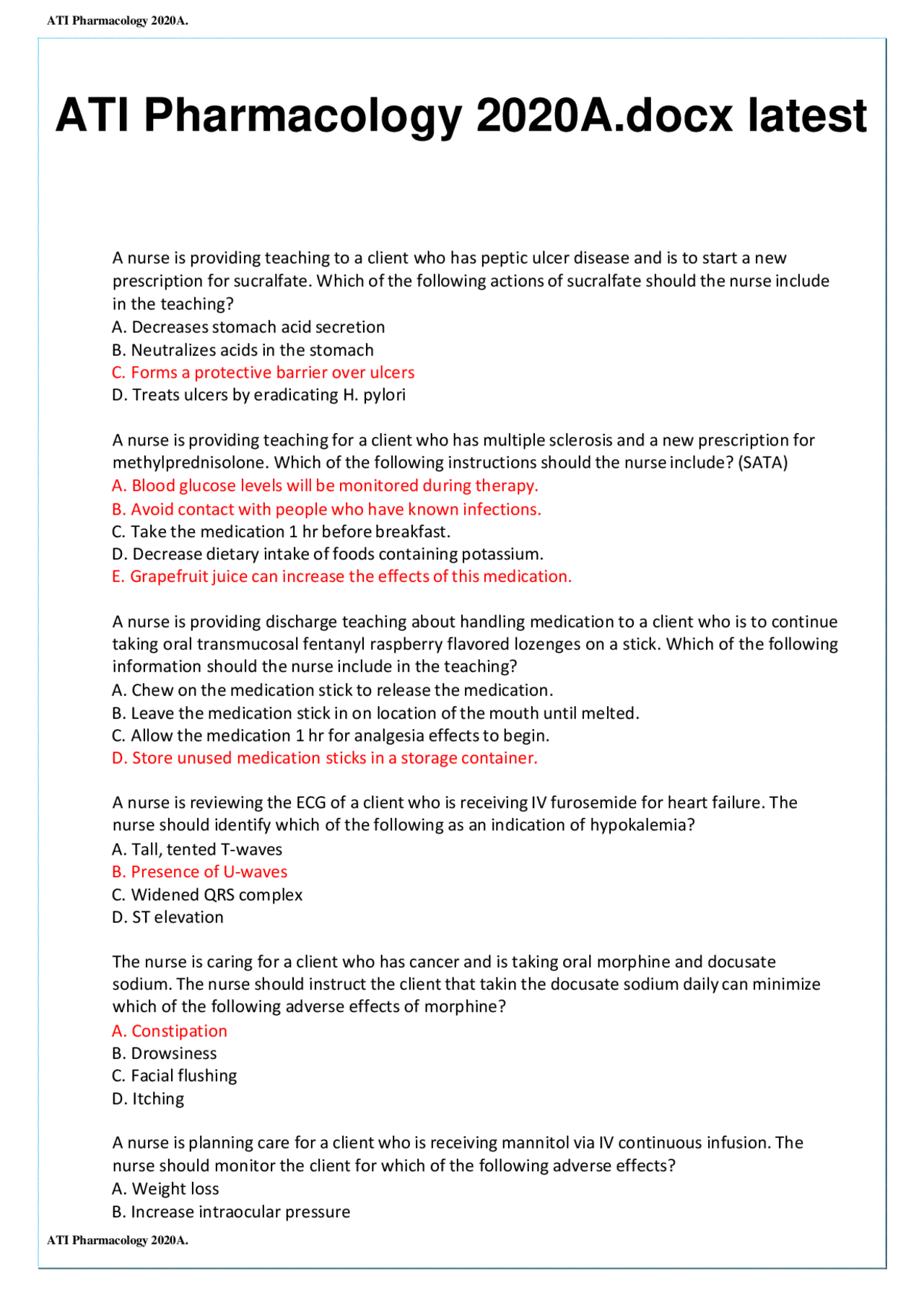 ATI Pharmacology 2020 A Graded A - Docsity