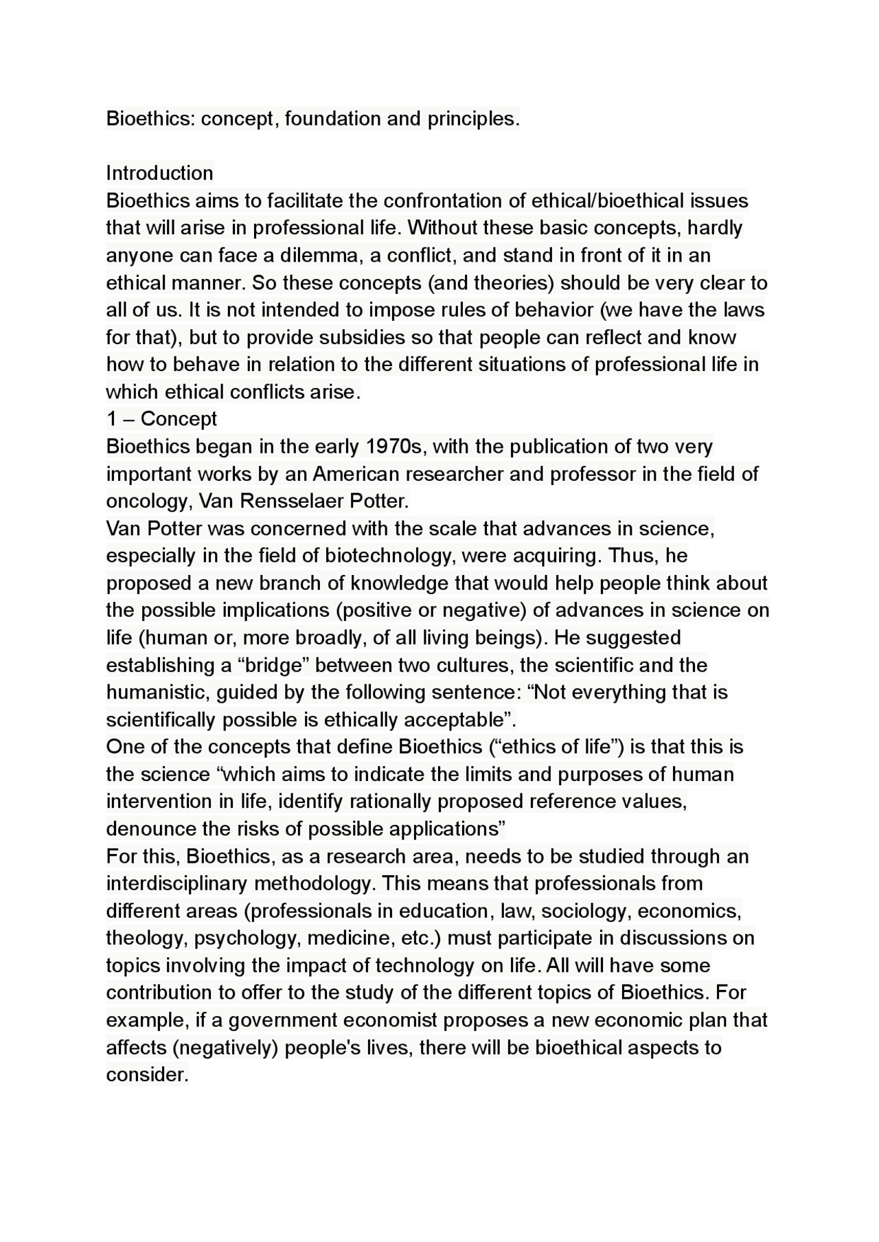 Bioethics Concept Foundation And Principles Docsity