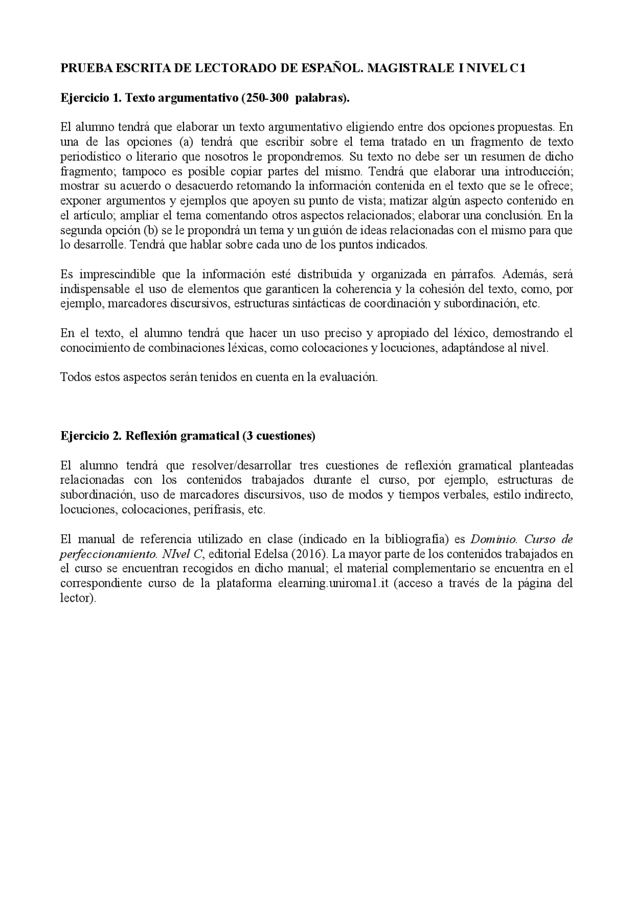 Esempio Prova Scritta Di Lettorato Spagnolo Docsity