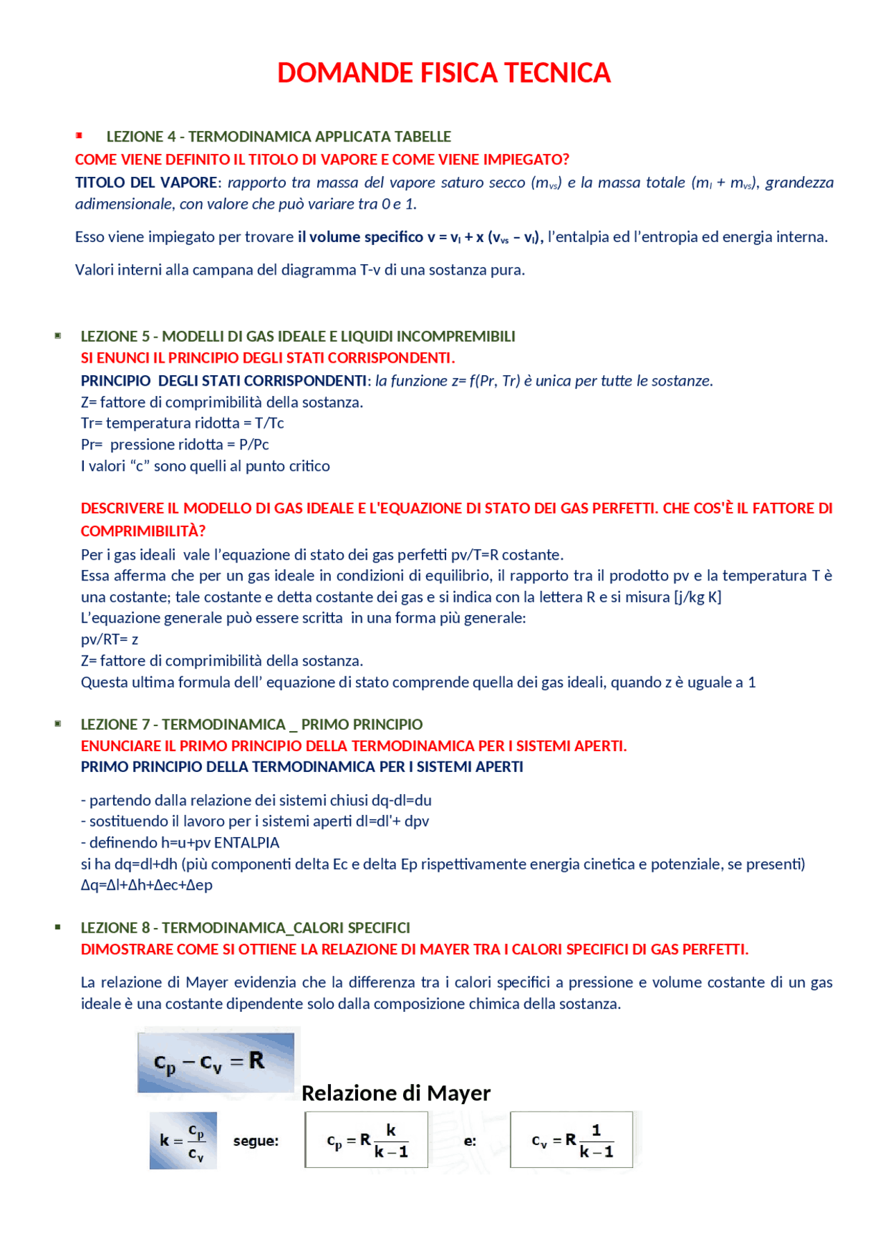Fisica Tecnica Risposte Aperte E Multiple Per Ogni Lezione Corretto