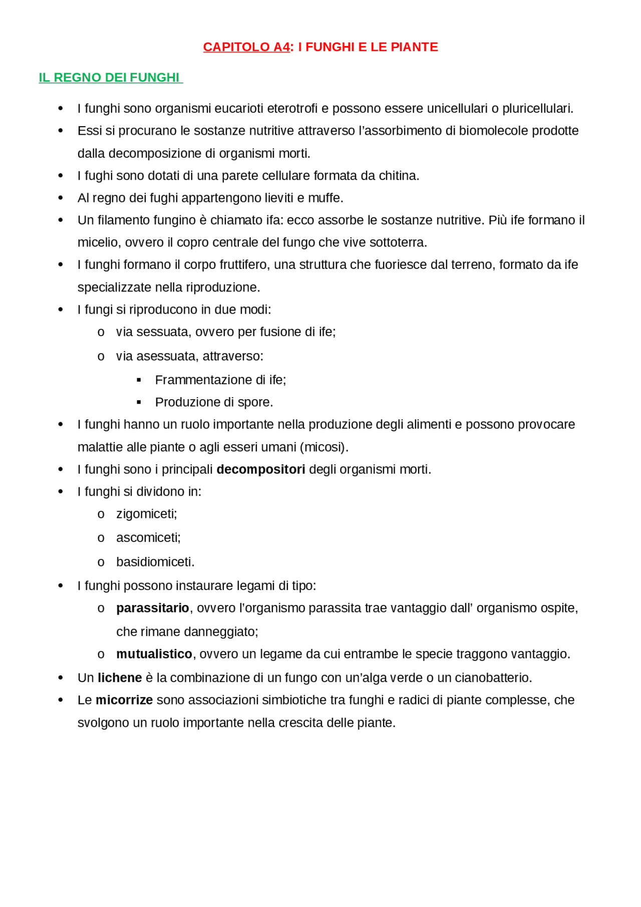 Schemi Sui Funghi E Sulle Piante Docsity