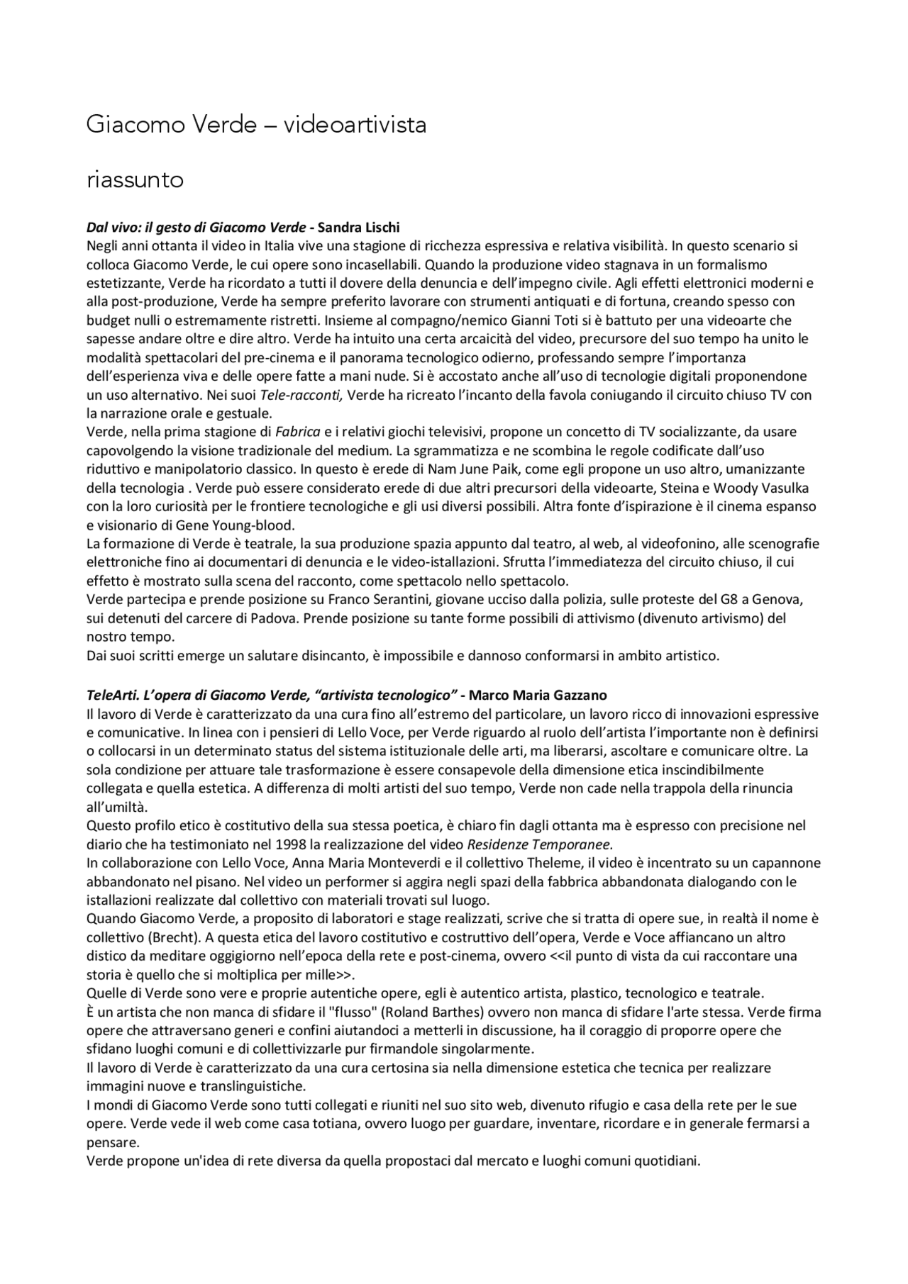Riassunto Libro Di Giacomo Verde Videoartivista Docsity