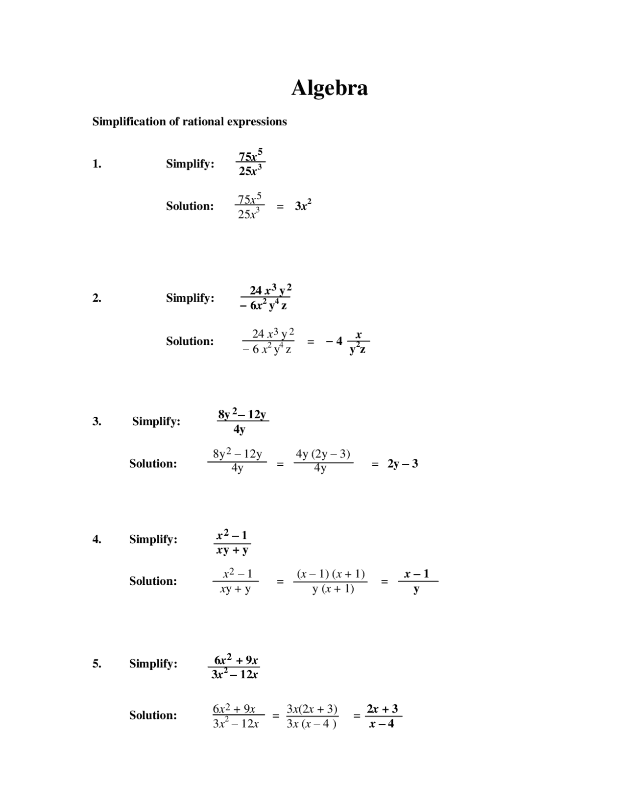 Algebra Simplification Of Rational Expressions Docsity