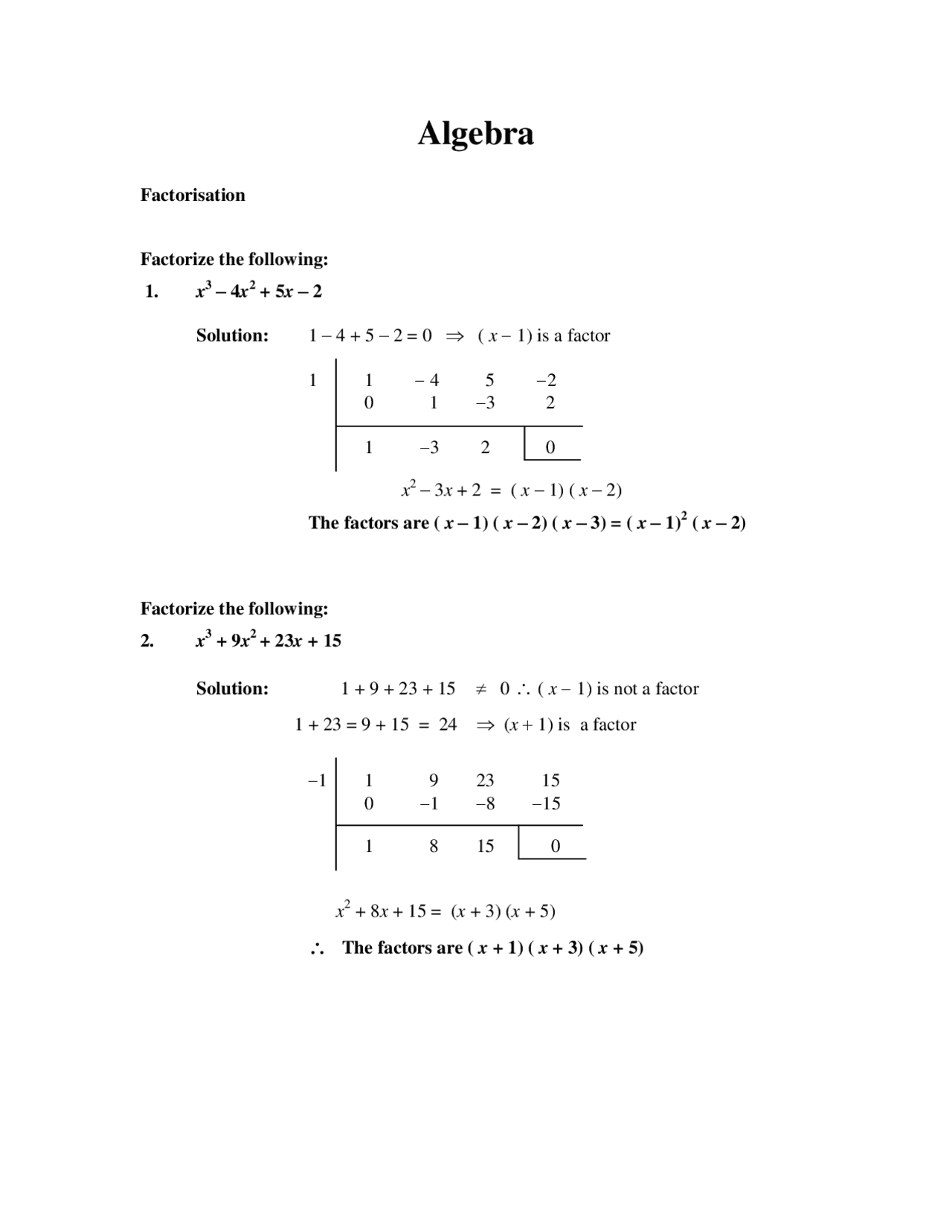 Algebra Factorisation Docsity