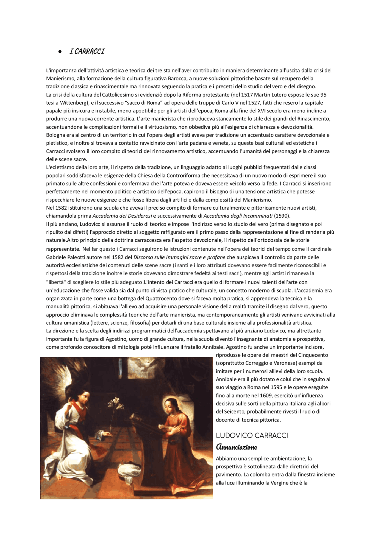 Ludovico, Agostino e Annibale Carracci (appunti) - Docsity