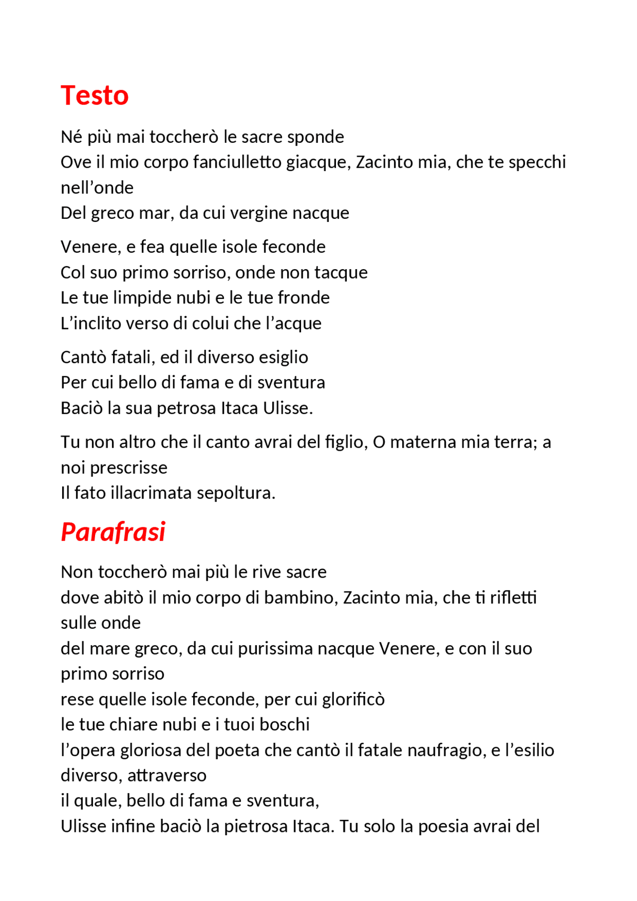 A Zacinto Ugo Foscolo Docsity