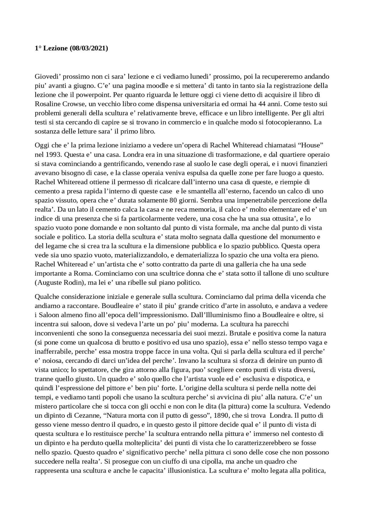 Riassunti Lezione Scultura Xx Secolo Docsity