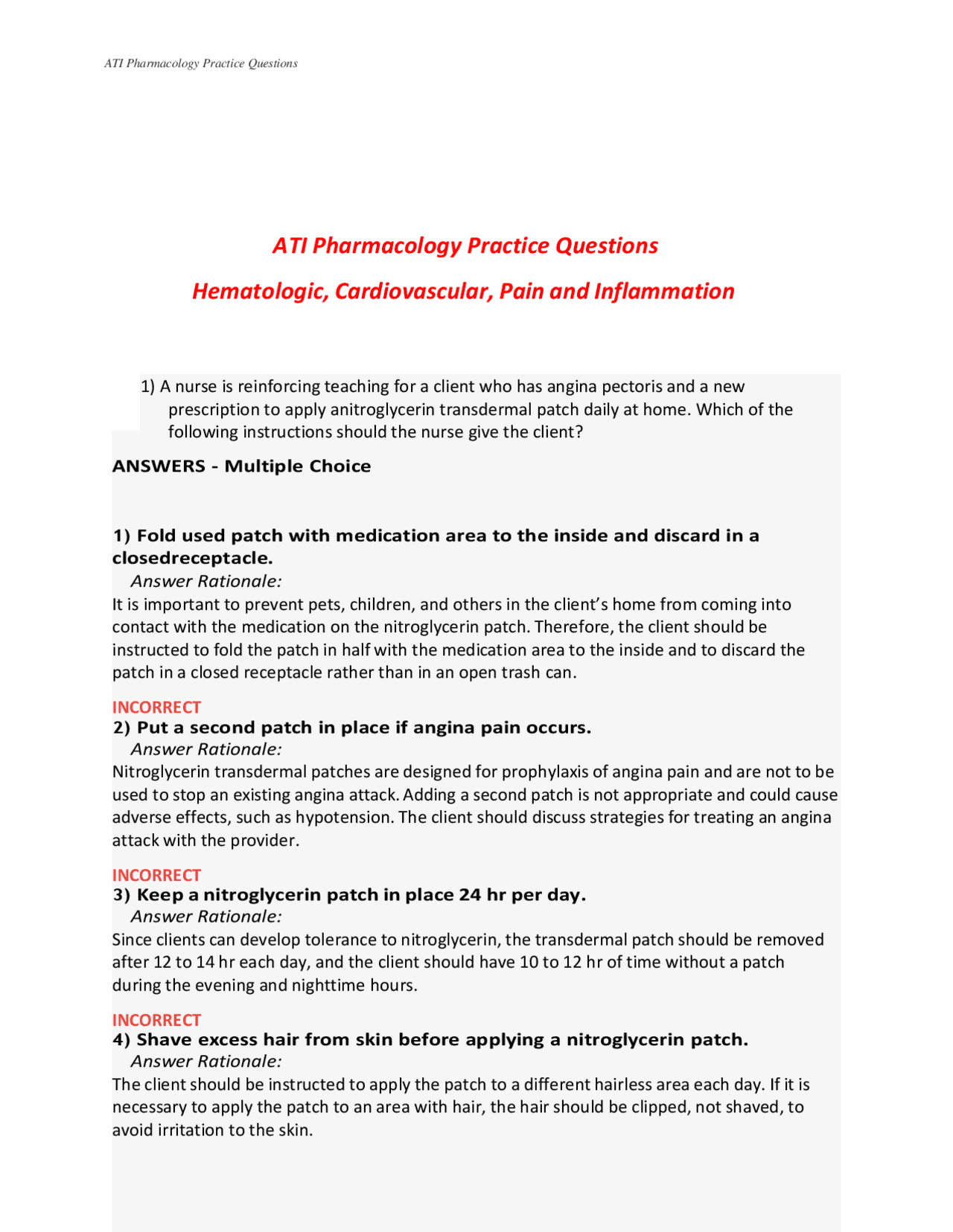 ATI Pharmacology Practice Questions Hematologic, Cardiovascular, Pain ...