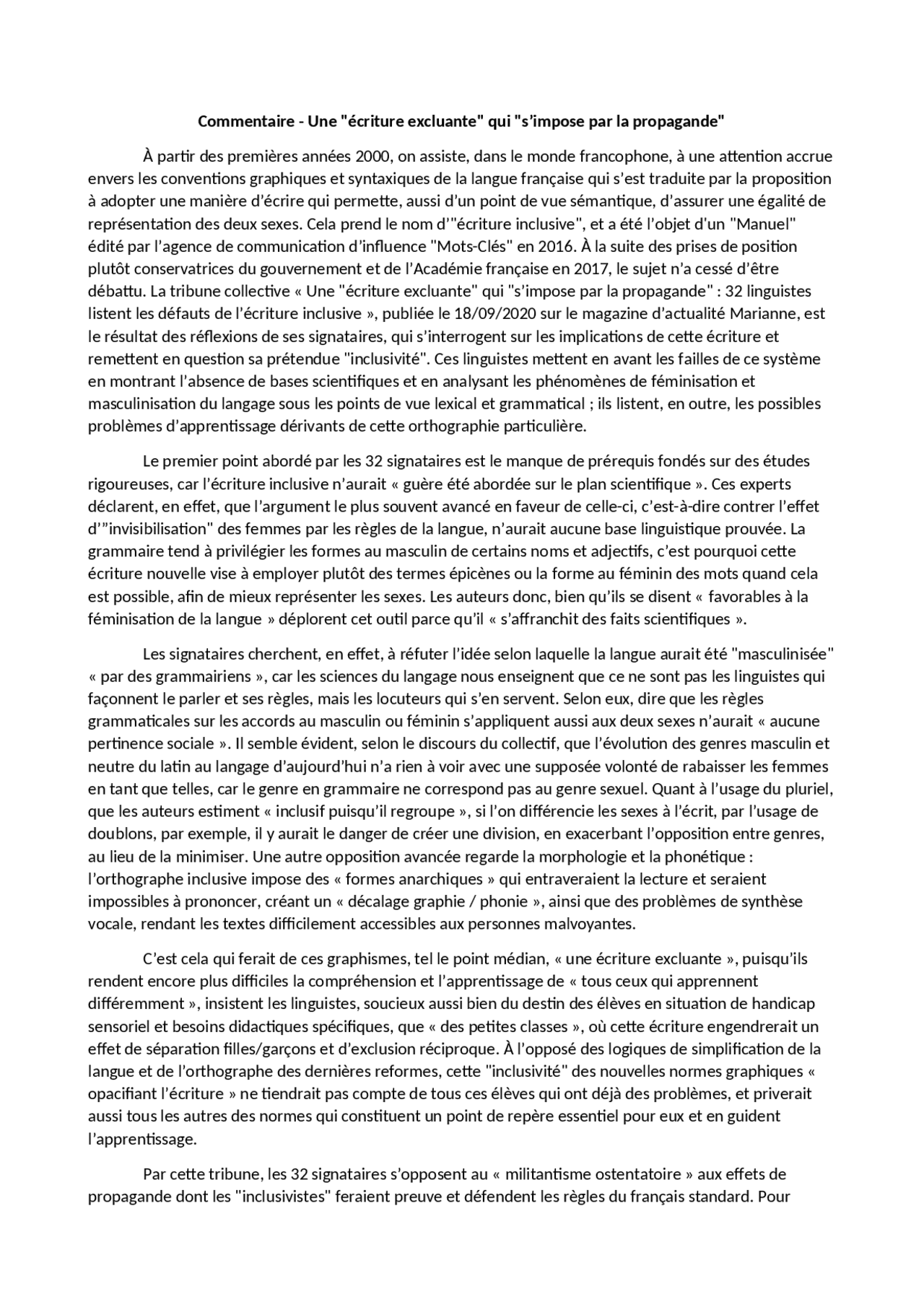 Esempio di Commentaire - Ecriture inclusive | Esercizi di Lingua ...