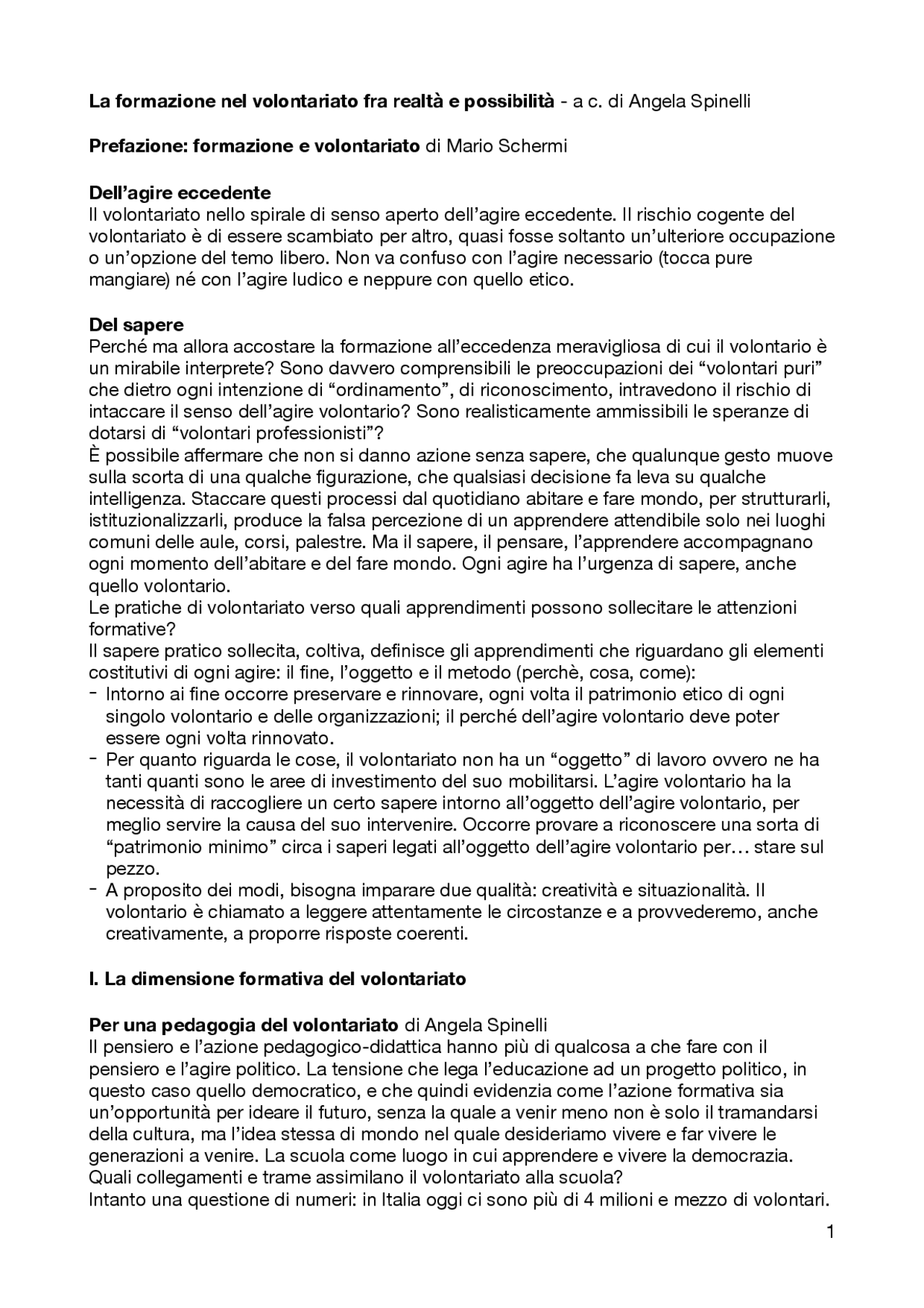 Appunti libro formazione nel volontariato di Angela Spinelli - Docsity