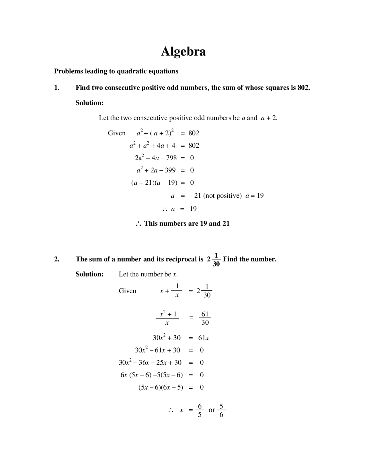 Algebra Problems Leading To Quadratic Equations Docsity