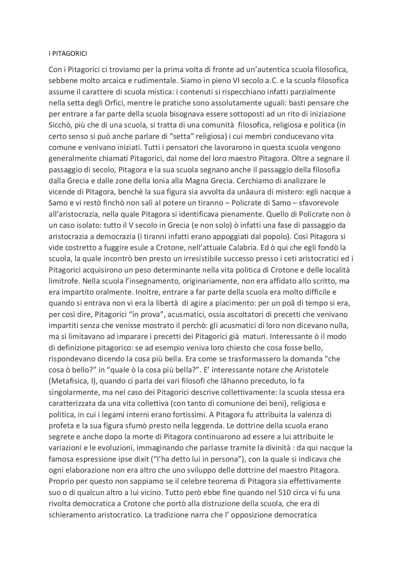 I Pitagorici Storia E Filosofia Docsity