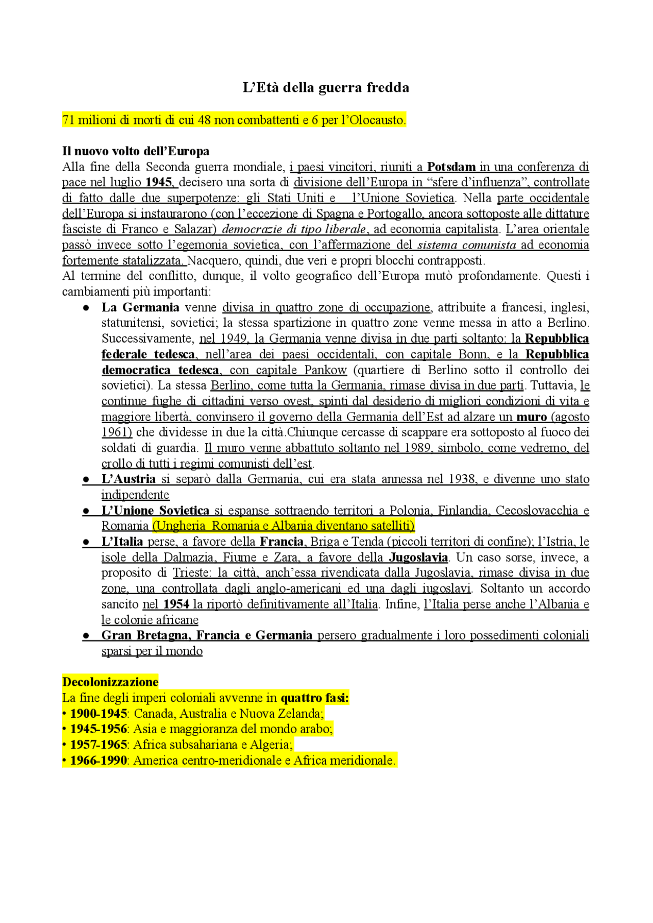 Sintesi Guerra Fredda Docsity